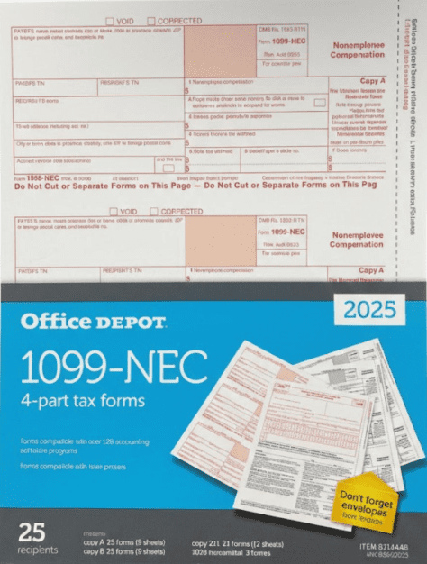 Office Depot 2025 1099-NEC Tax Forms, 4-Part Carbonless, 25 Recipient ...