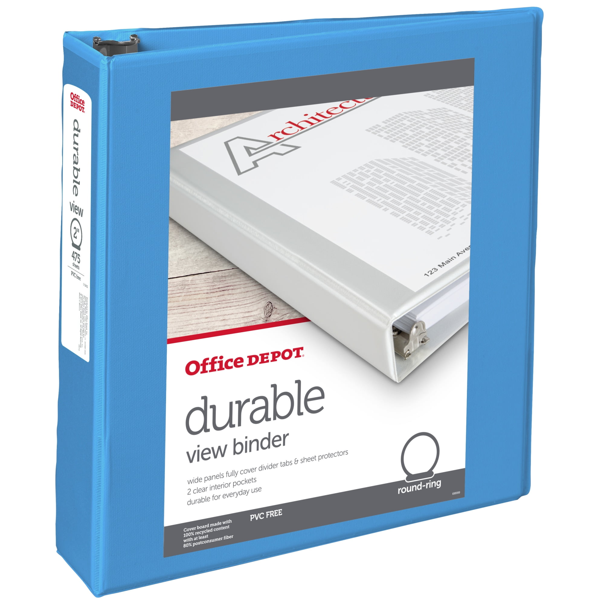 Office Depot® 3-Ring Durable View Binder, 2" Round Rings, 49% Recycled ...