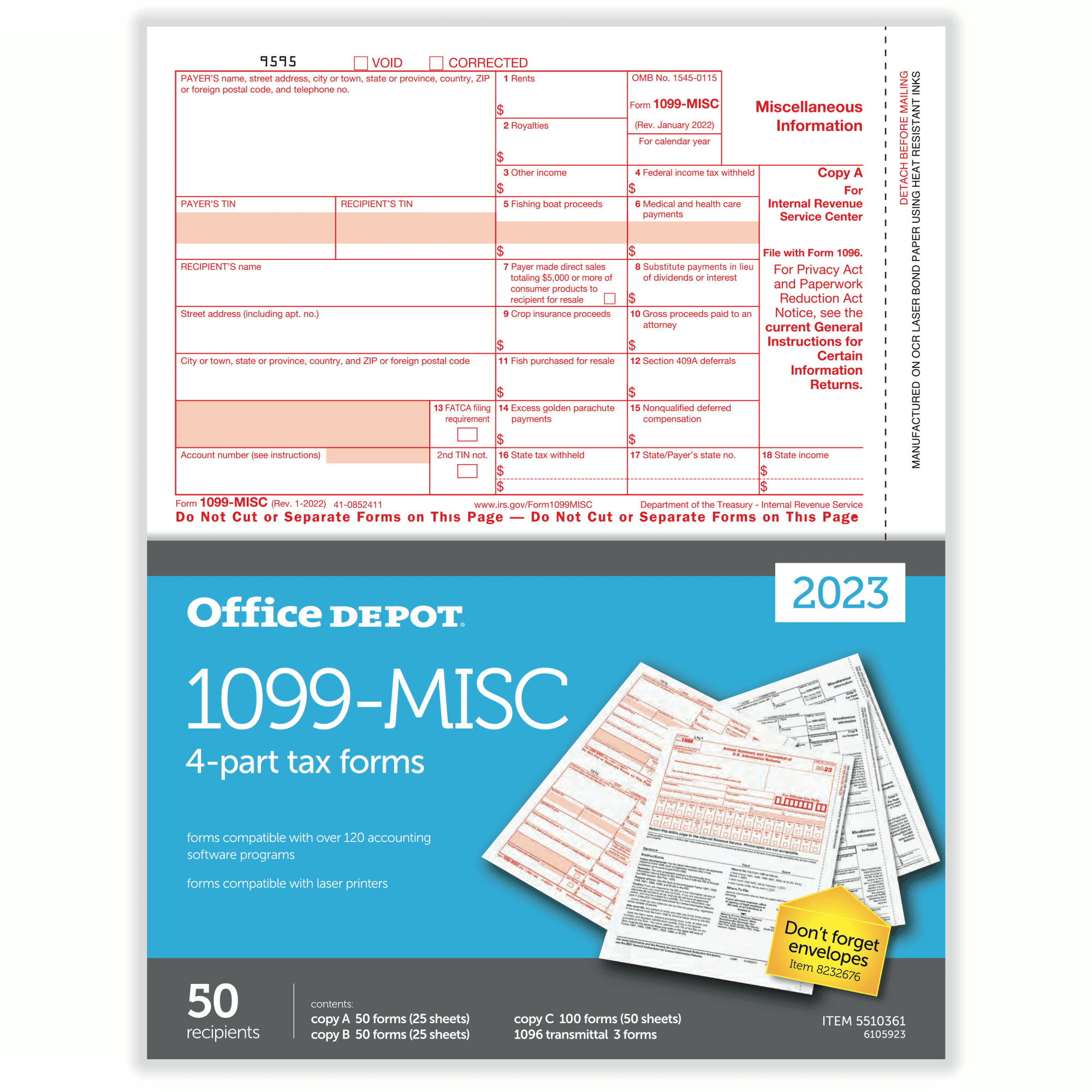 Office Depot 1099-MISC Laser Tax Forms, 4-Part, 2-Up, 8.5 x 11, 50 Sets - Walmart.com