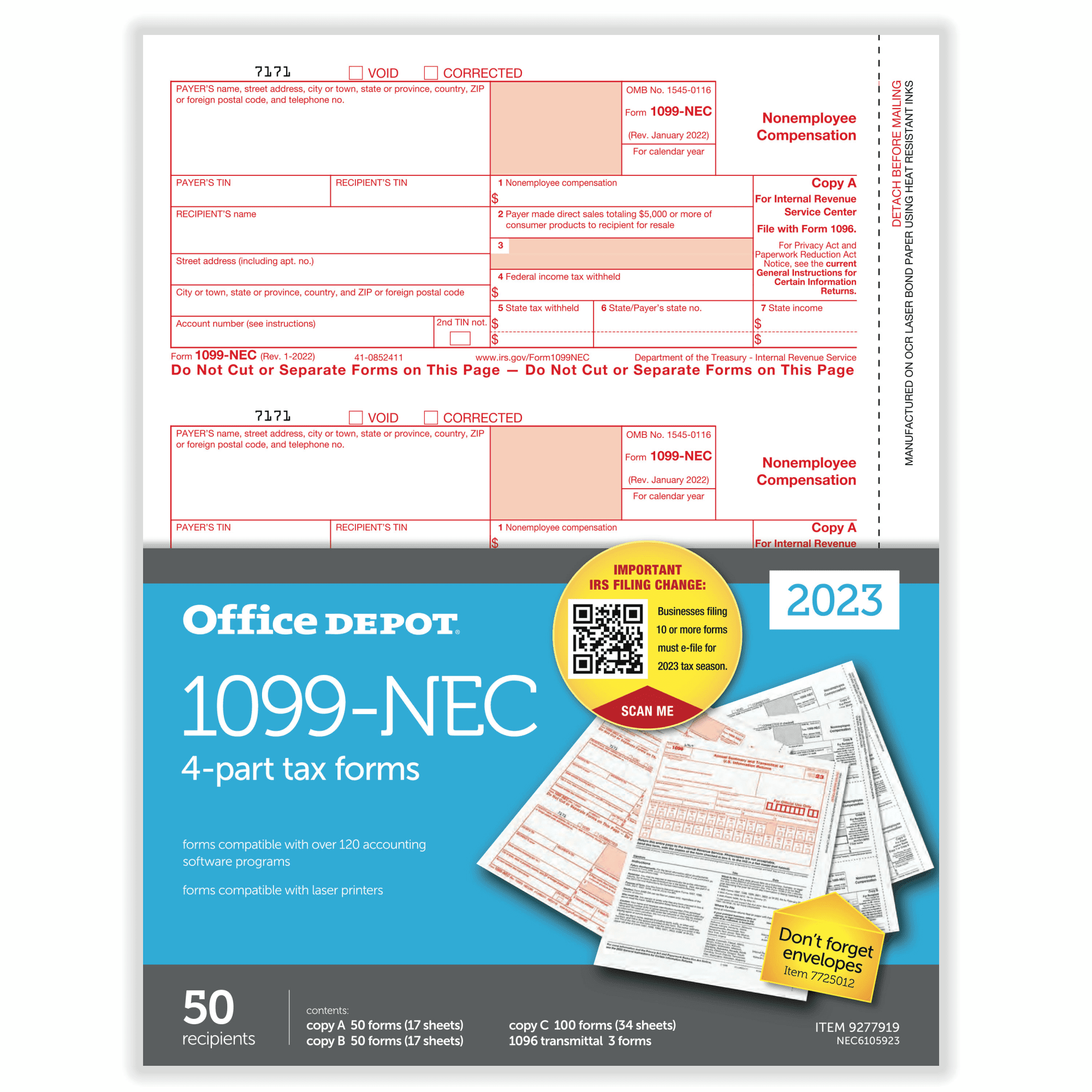 Office Depot 1099-NEC Laser Tax Forms, 4-Part, 3-Up, 8.5 x 11, Pack of ...