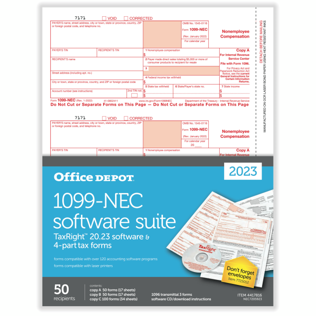Office Depot Brand 1099-NEC Laser Tax Forms, 4-Part, 3-Up, 8-1/2" x 11 ...
