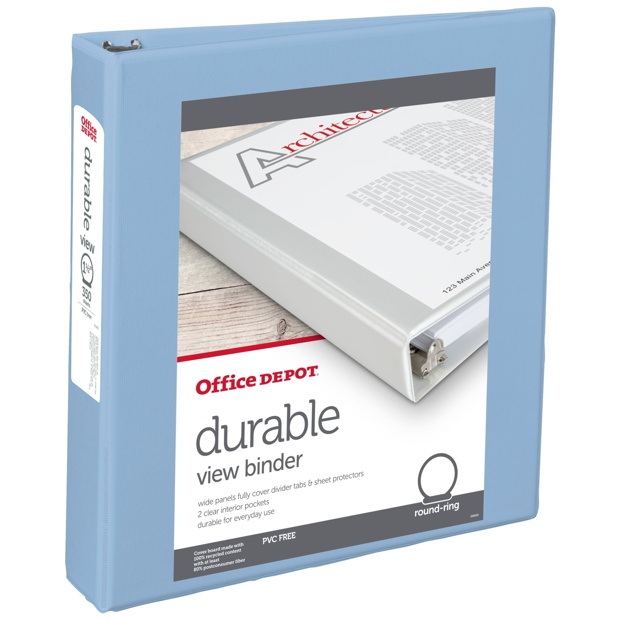 Office Depot® Brand 3-Ring Durable View Binder, 1-1/2" Round Rings ...