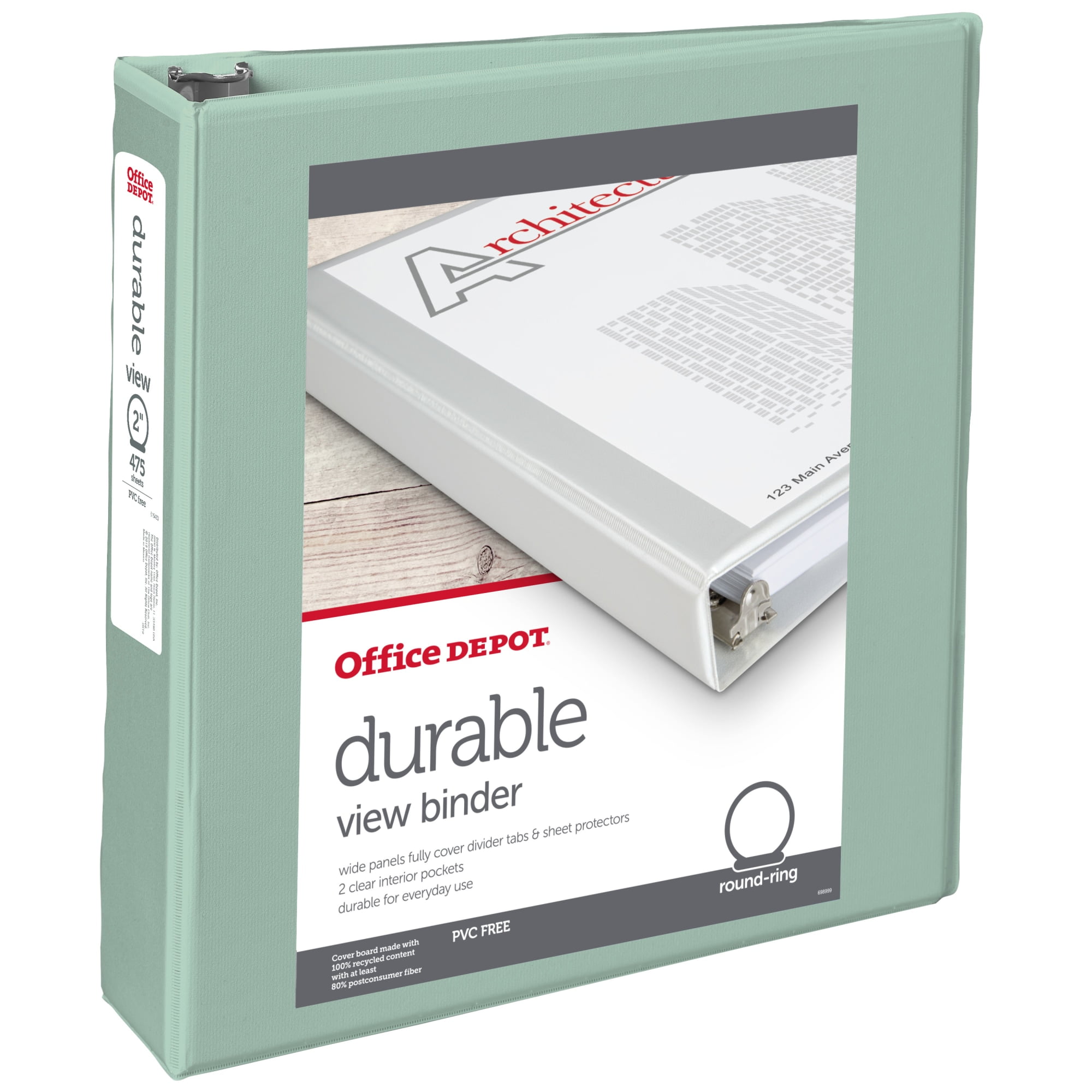 "Office Depot® Brand Durable View Binder, 2"" Round Rings, Sage, with ...