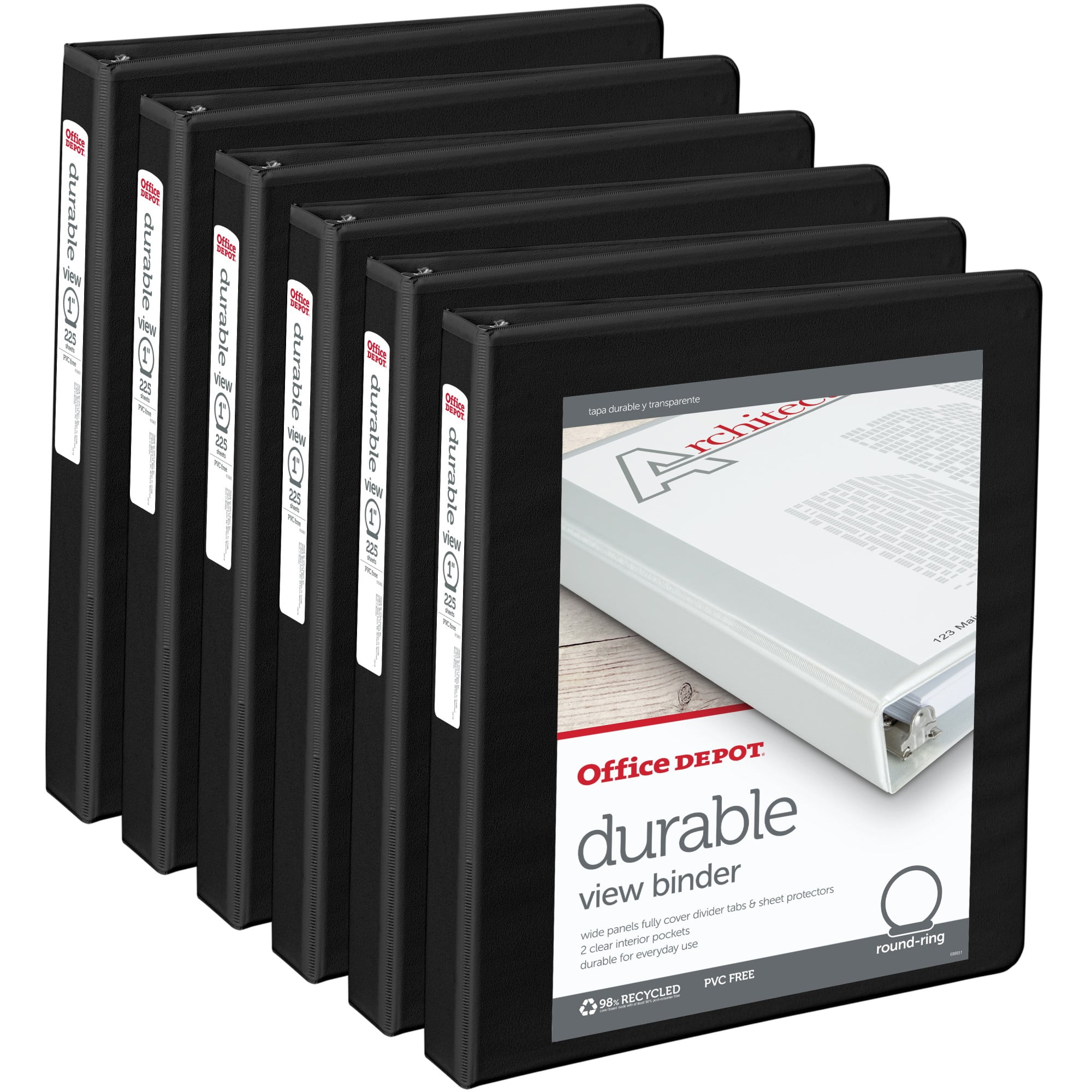 Office Depot® Brand Durable Round-Ring View Binders, 1" Rings, Black ...