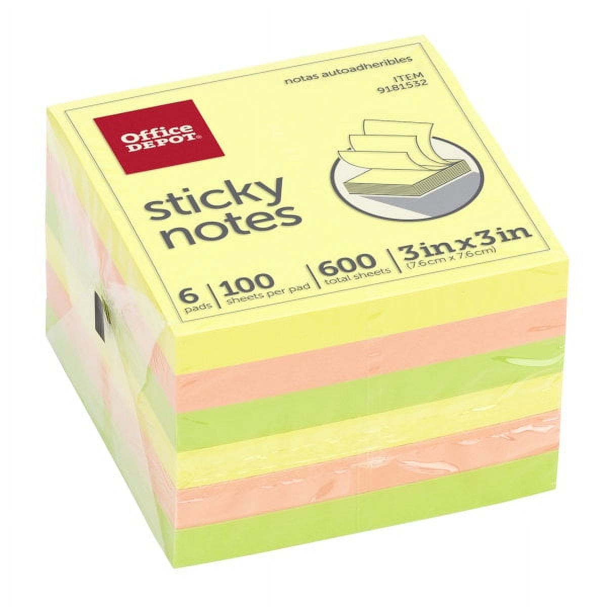 Office Depot® Brand Sticky Notes, 3" x 3", Assorted Neon Colors, 100 ...