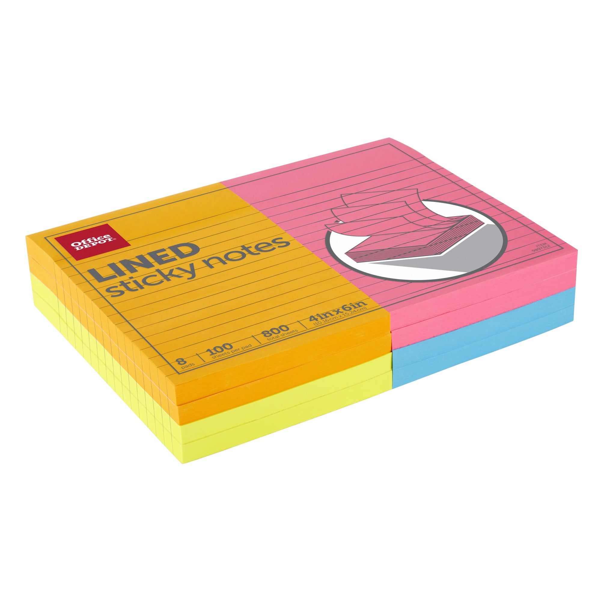 Office Depot® Brand Sticky Notes, 4" x 6", Assorted Vivid Colors, 100 ...