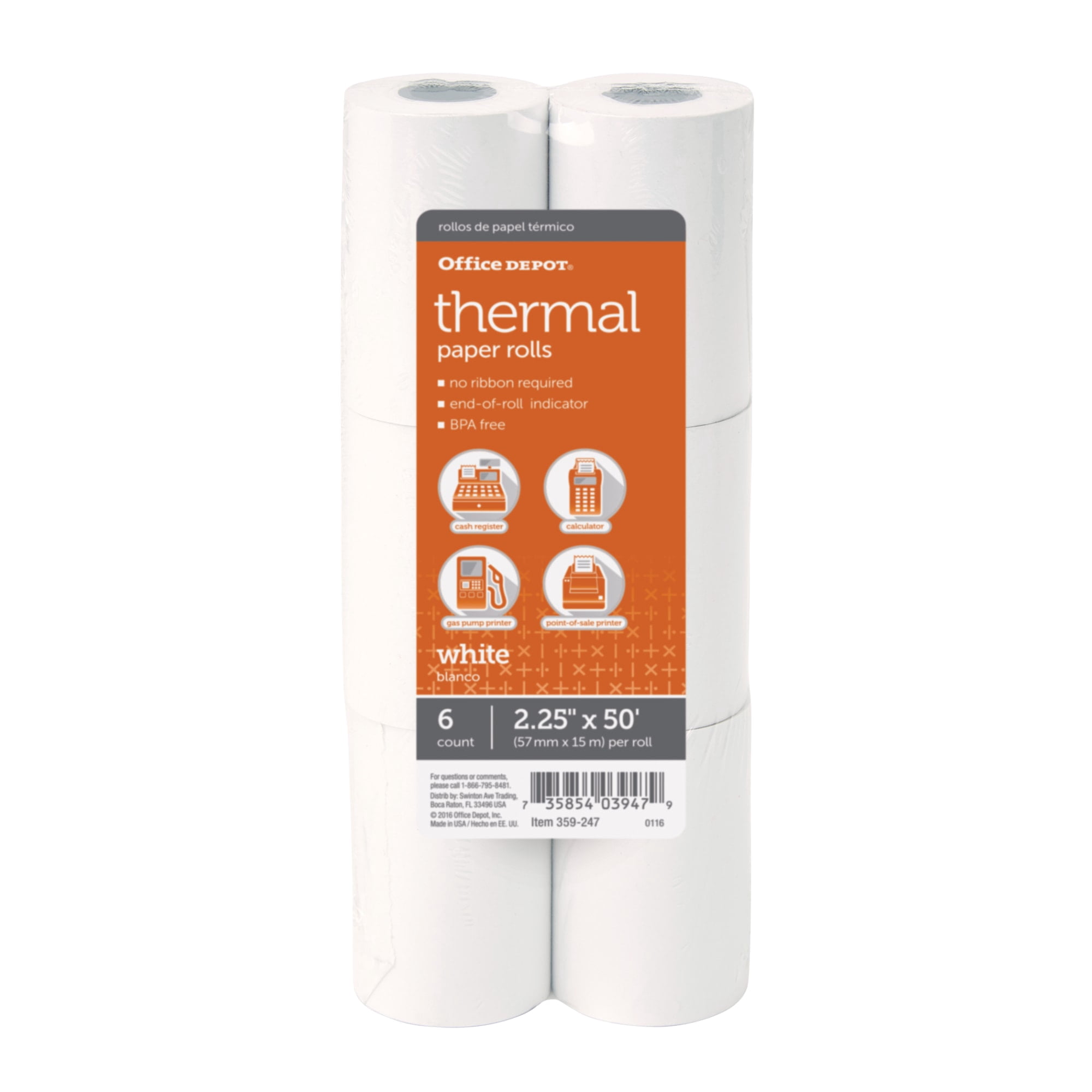 "Office Depot Thermal Paper Rolls, Pack of 6, 2 1/4"" x 50', White, For ...