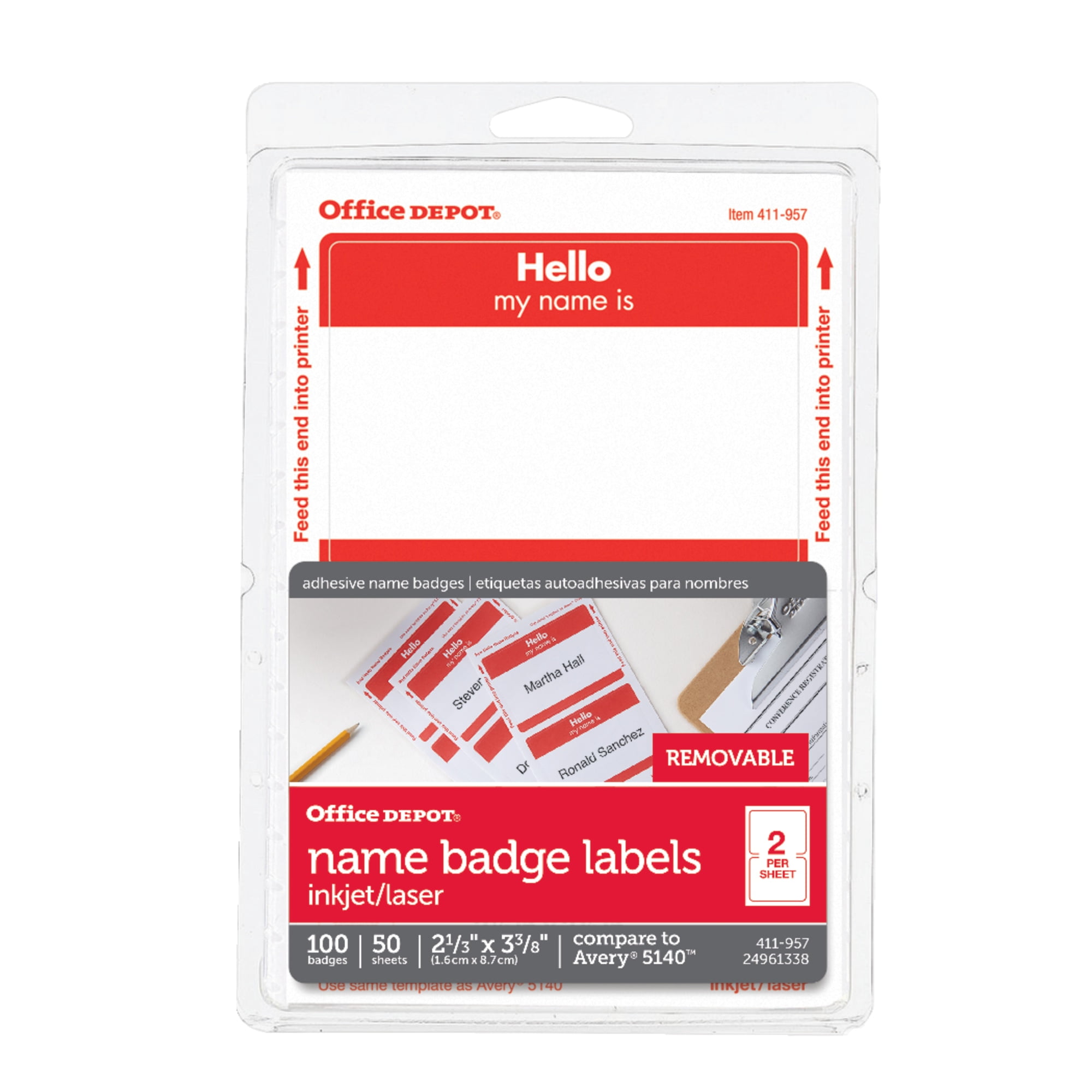 Office Depot Hello Name Badge Labels, 2 11/32in. x 3 3/8in., Red Border ...