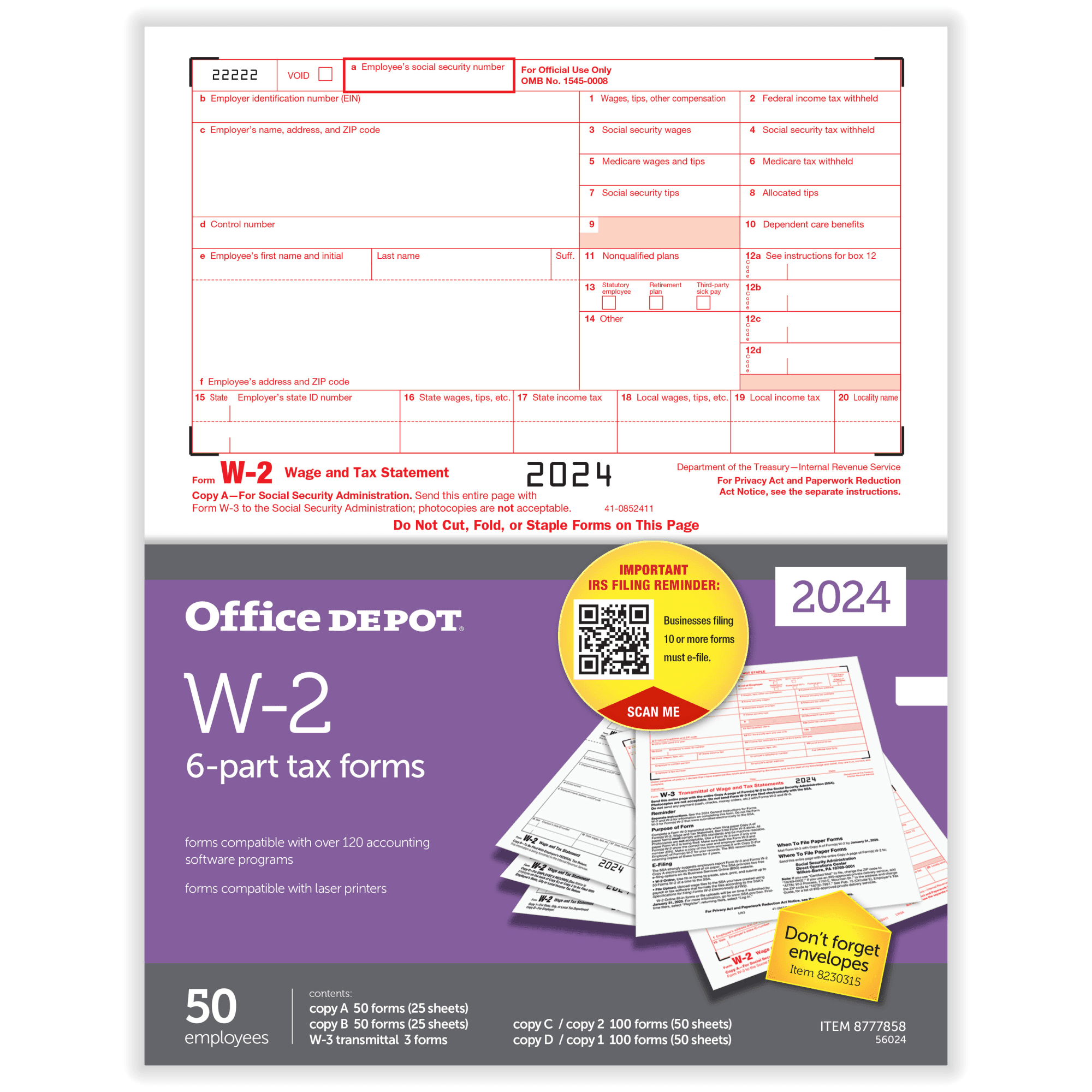 Office Depot® W-2 Laser Tax Forms, 6-Part, 2-Up, 8-1/2" x 11", Pack Of ...