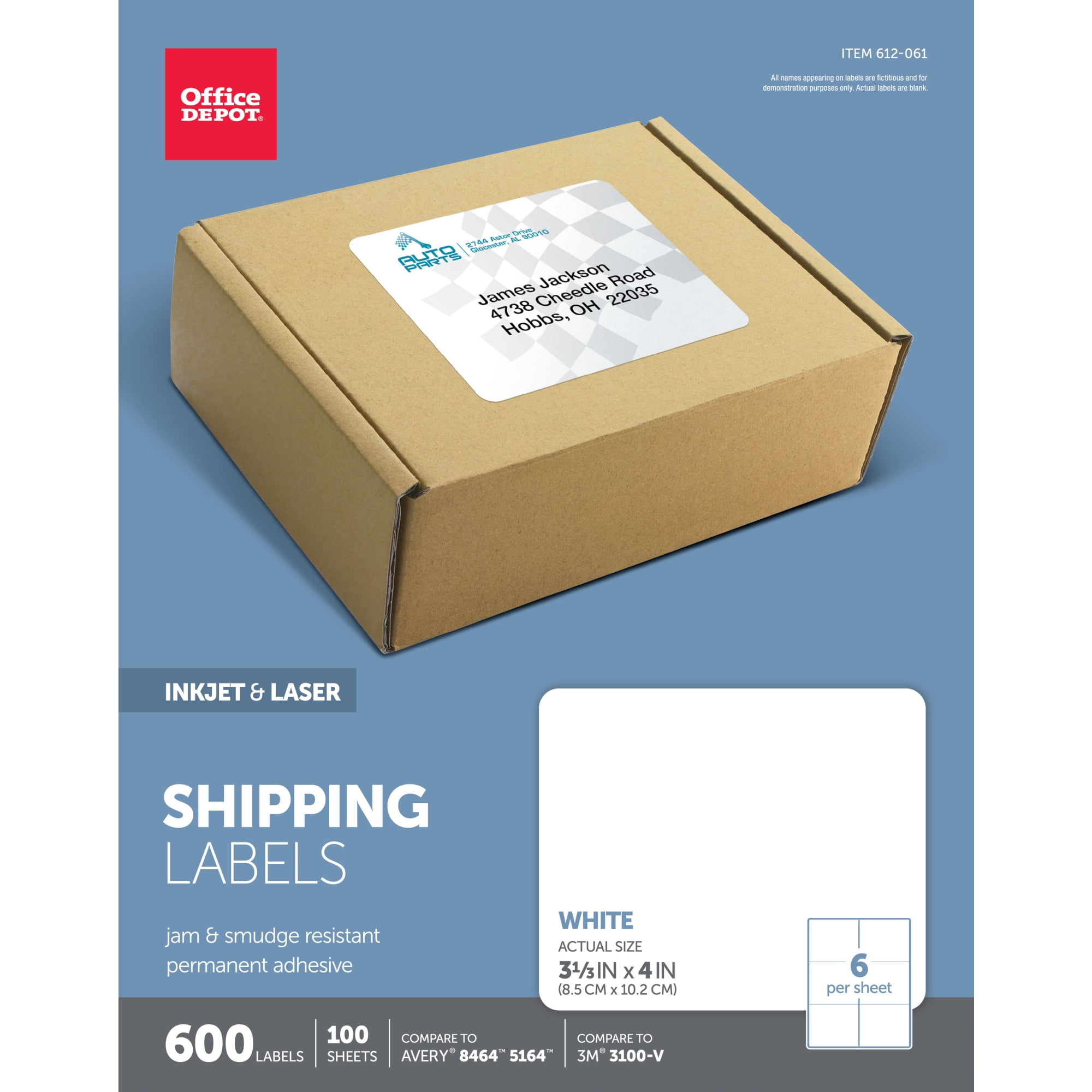 Office Depot White Inkjet/Laser Shipping Labels, 3 1/3in. x 4in., Box ...