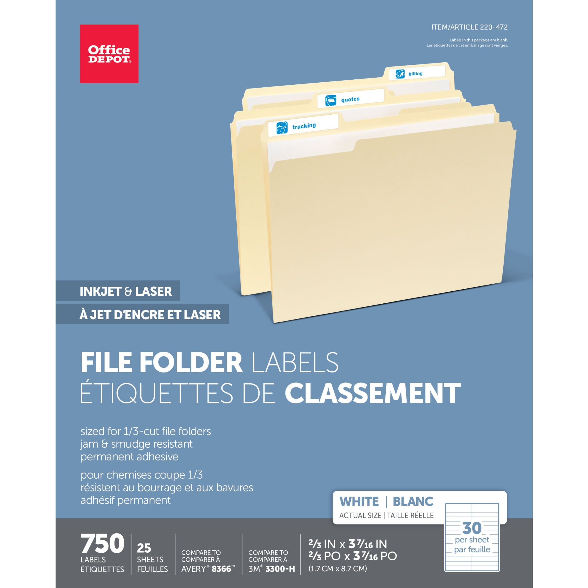 Office Depot White Permanent Inkjet/Laser File Folder Labels, 2/3in. x ...