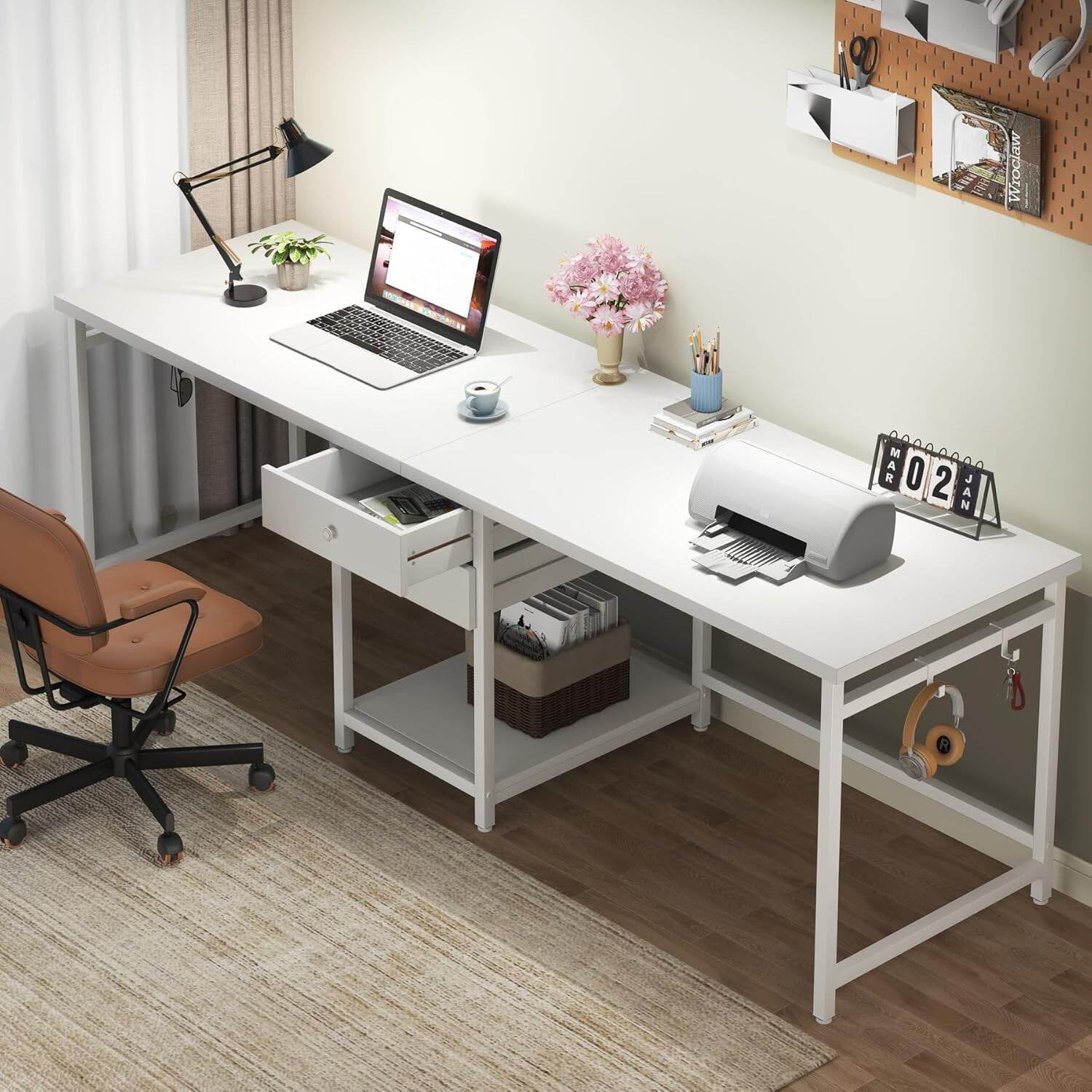 Office Desk 79-Inch Two Person Computer Desk with Drawers and Storage ...