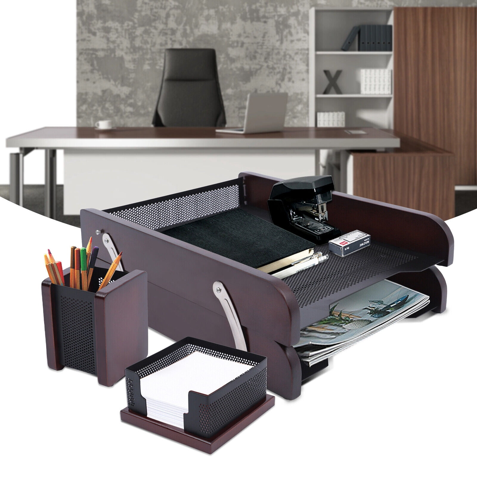 Office Desk Accessories 2 Tier Letter Tray Organizer W/ Pen Holder ...