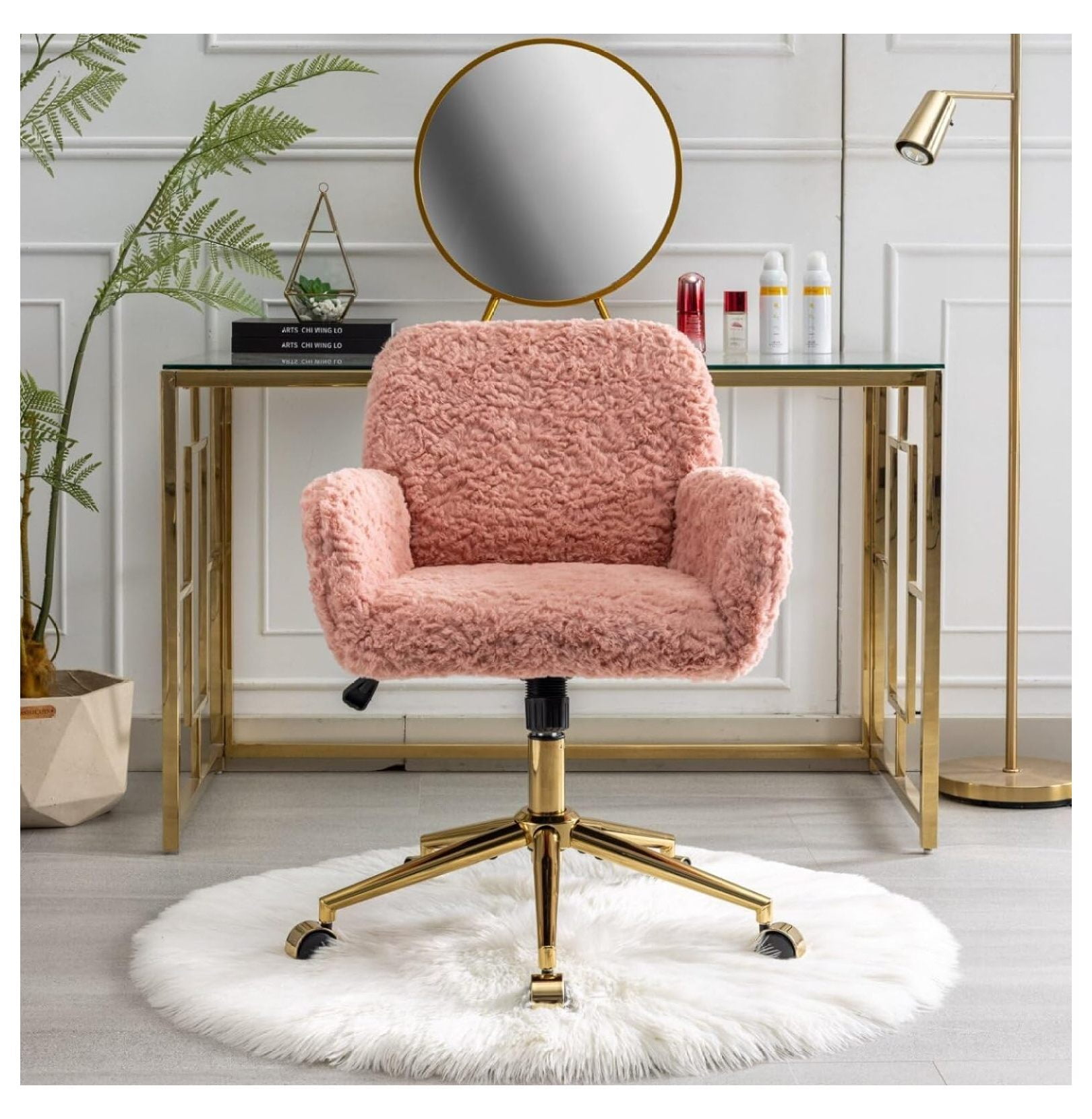 Office Desk Chair with Wheels, Artificial Rabbit Hair Wide Chair with ...