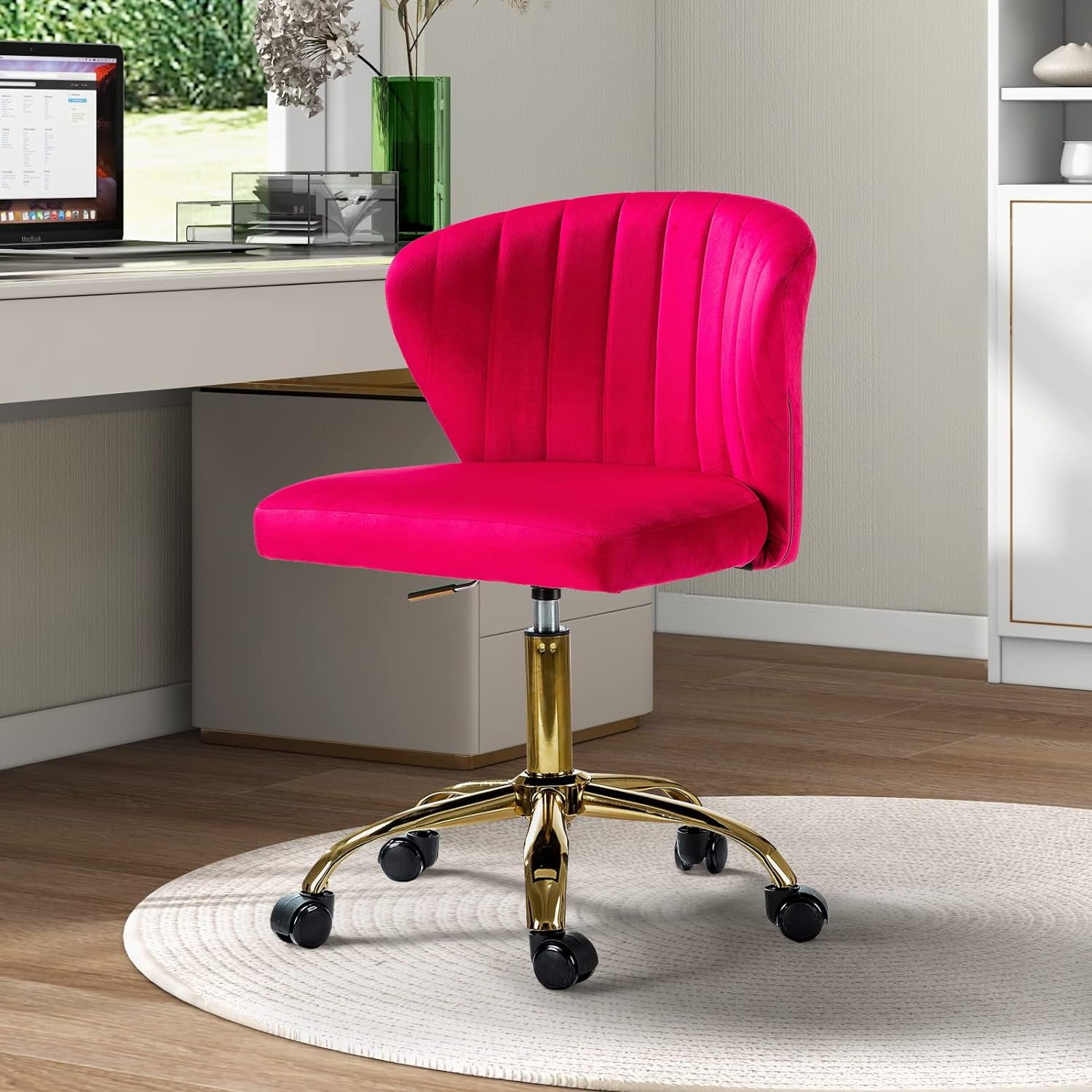 Office Desk Chairs with Wheels & Gold Base, Modern Velvet Cute Armless ...