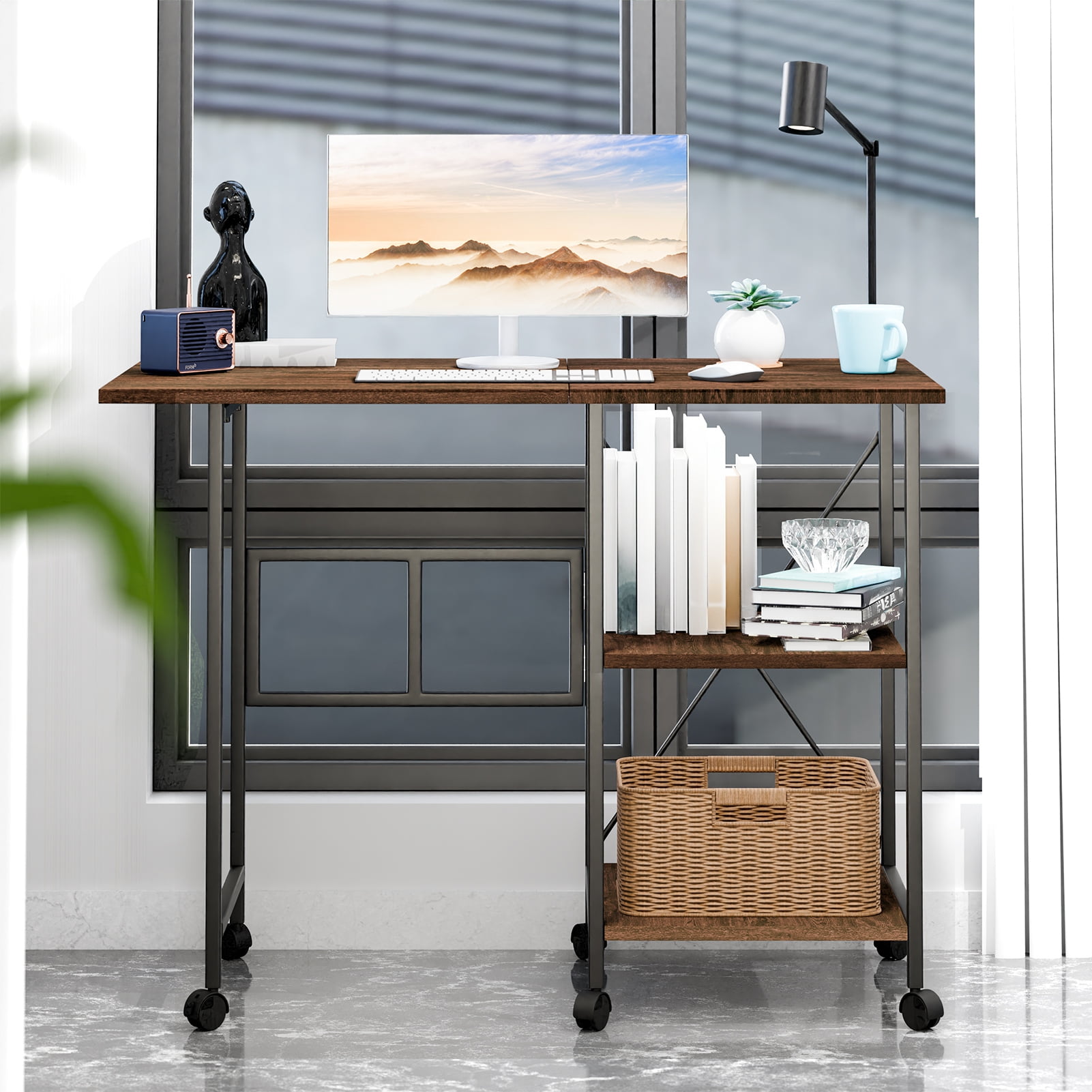 Office Desk, Foldable Computer Desk, Home Office Desk with Bookshelf ...