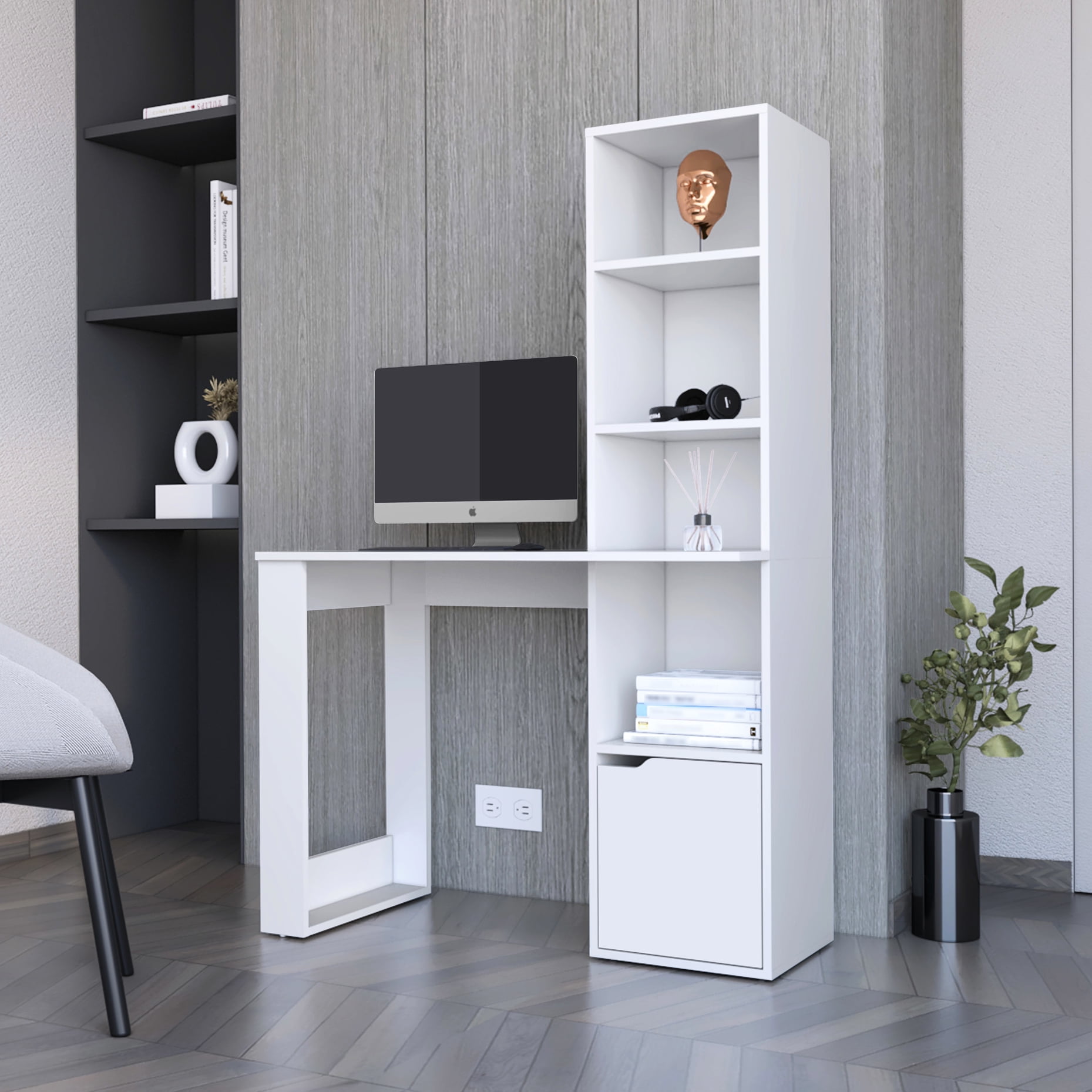 Office Desk In White, Offering 4 Bookcase And Concealed Lower Storage ...