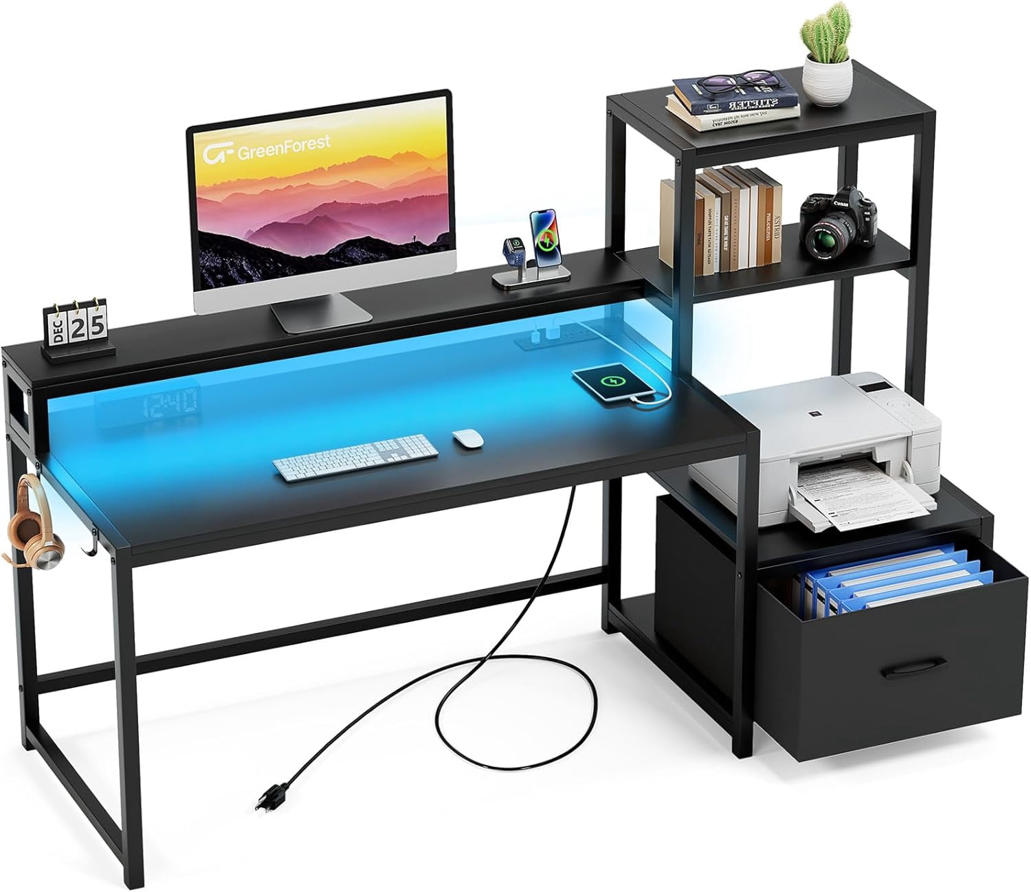 Office Desk with Power Outlets and Printer Shelf, 59 inch Computer Desk ...