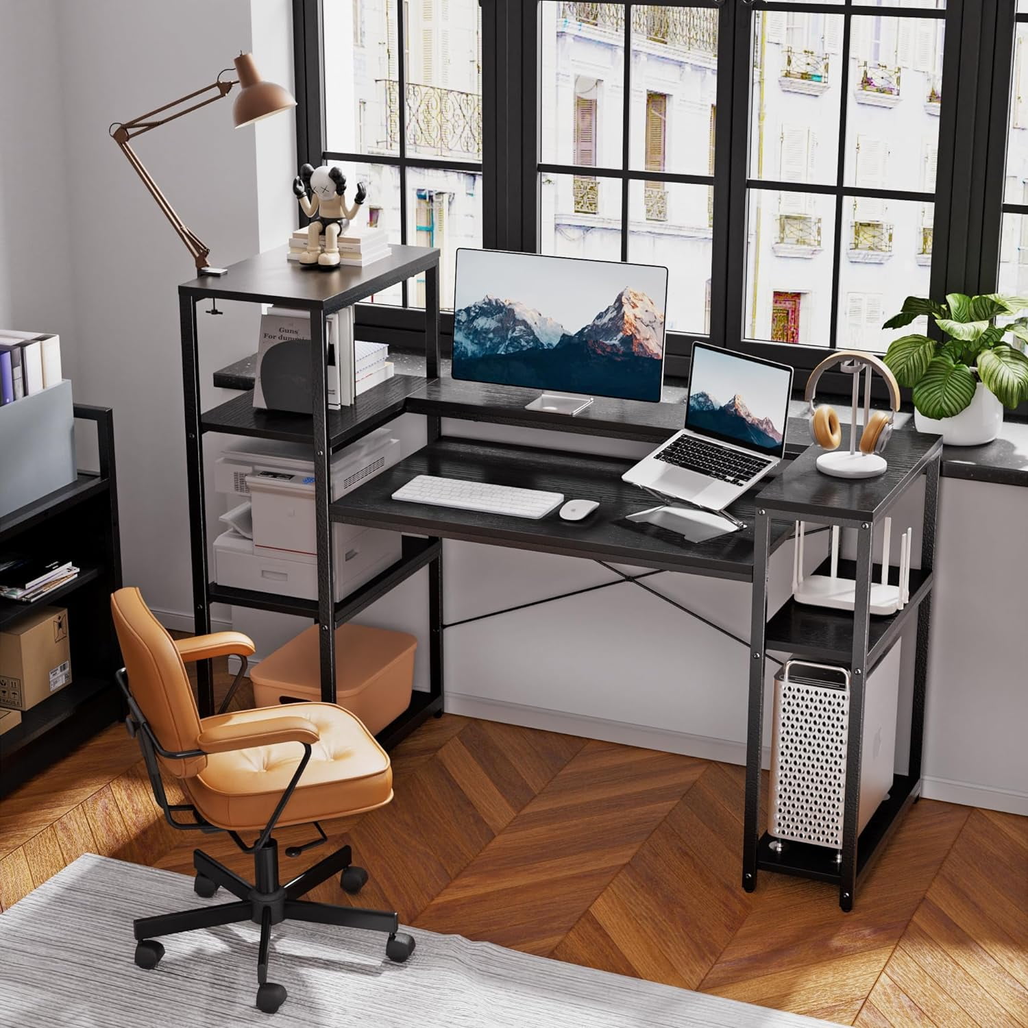 Office Desk with Storage Shelves, 63 Inch Computer Desk with Monitor ...