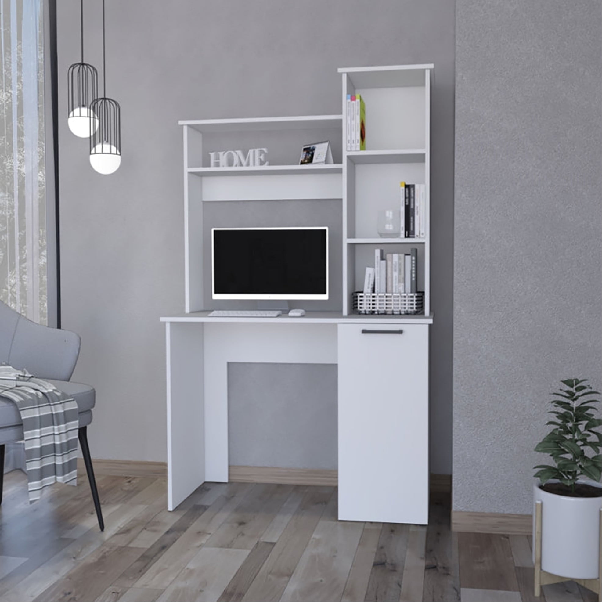 Office Desk With 3 Shelves In White And Tidy Appearance Computer For ...