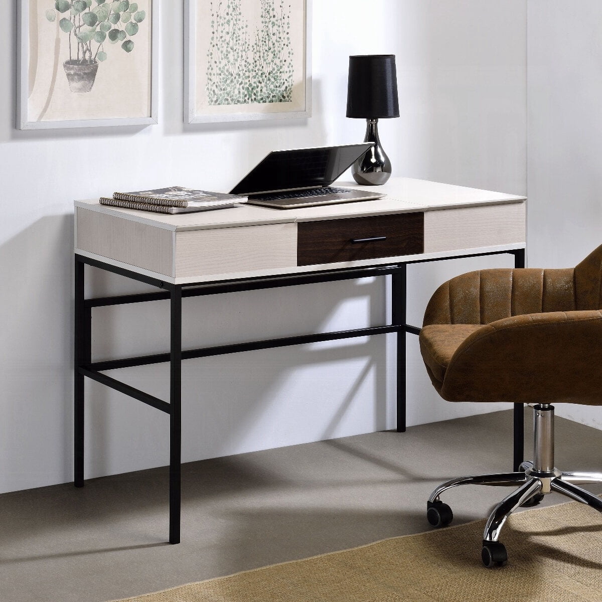 Office Desks, Natural and Black Writing Desk with USB Port, Black ...