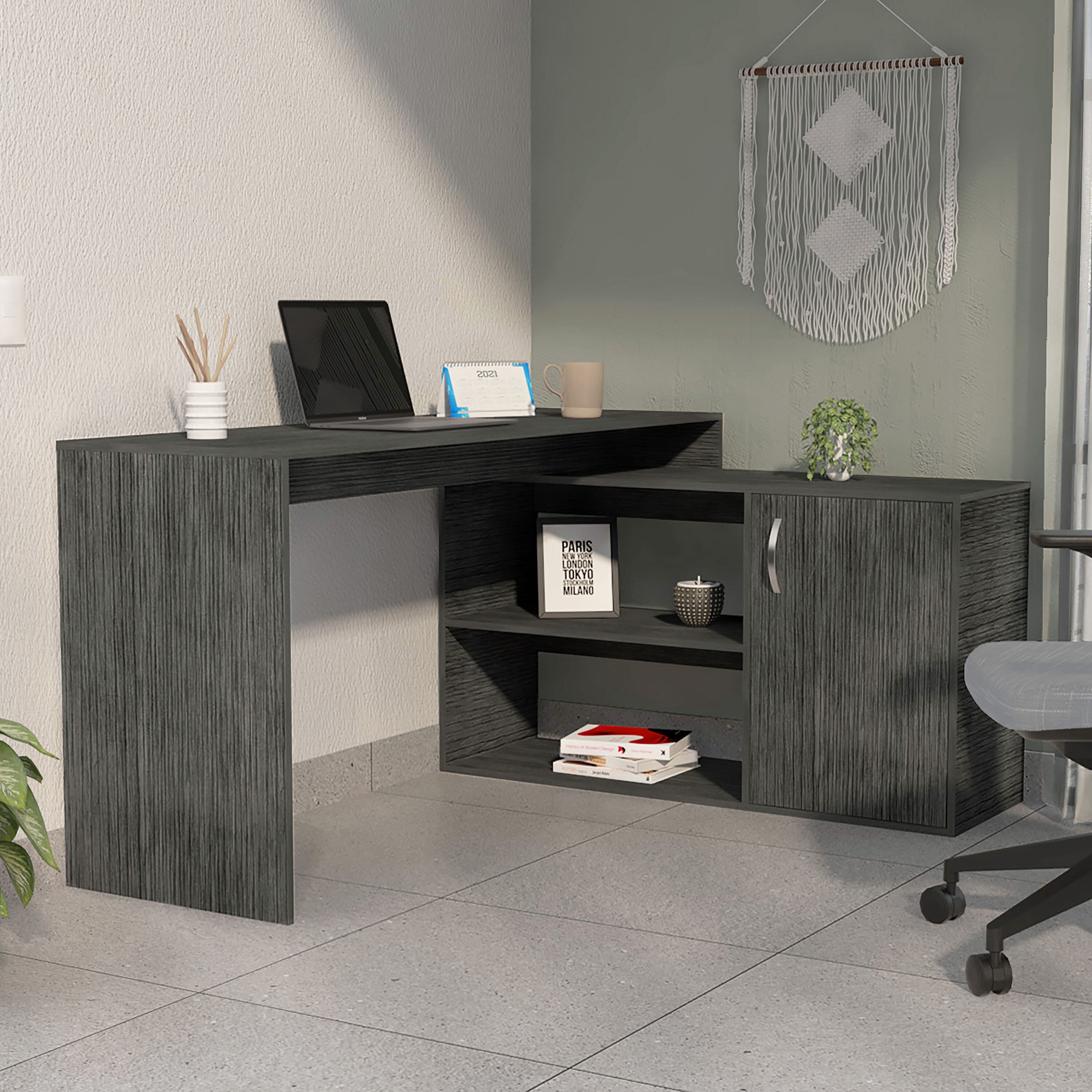 Office Desks, Smokey Oak 2-Shelf L-Shaped Office Desk, Gray Home Office ...