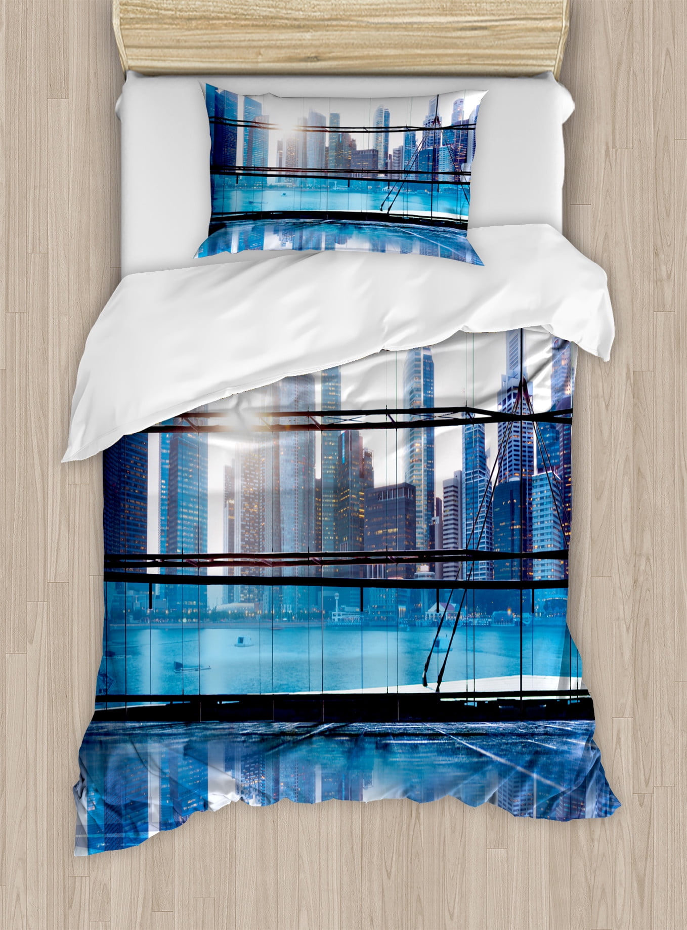 Office Duvet Cover Set, Urban Cityscape View with Skyscrapers Buildings ...