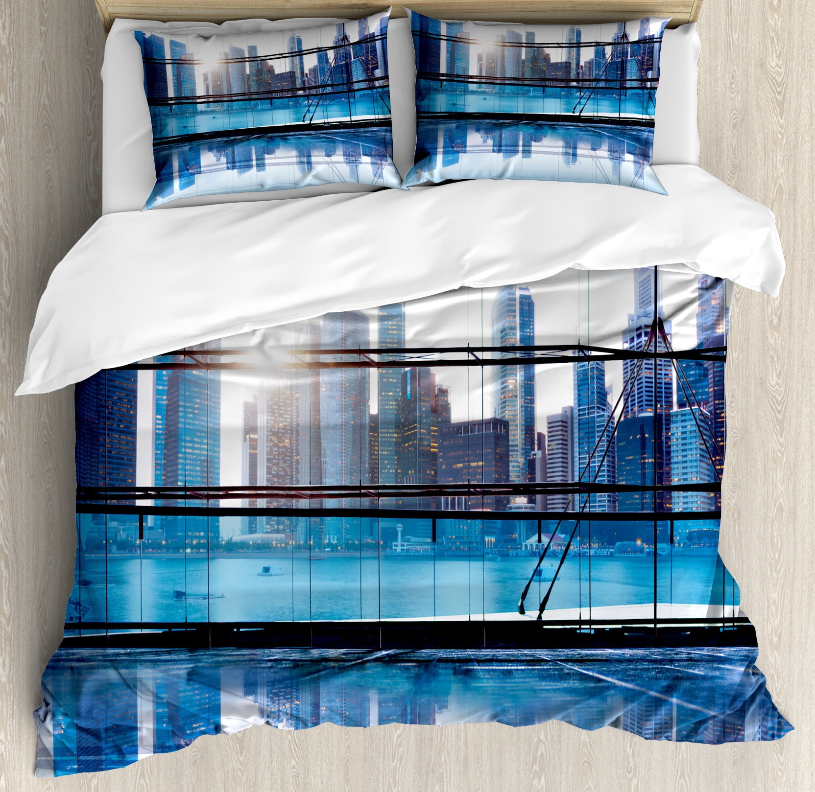 Office Duvet Cover Set, Urban Cityscape View with Skyscrapers Buildings ...