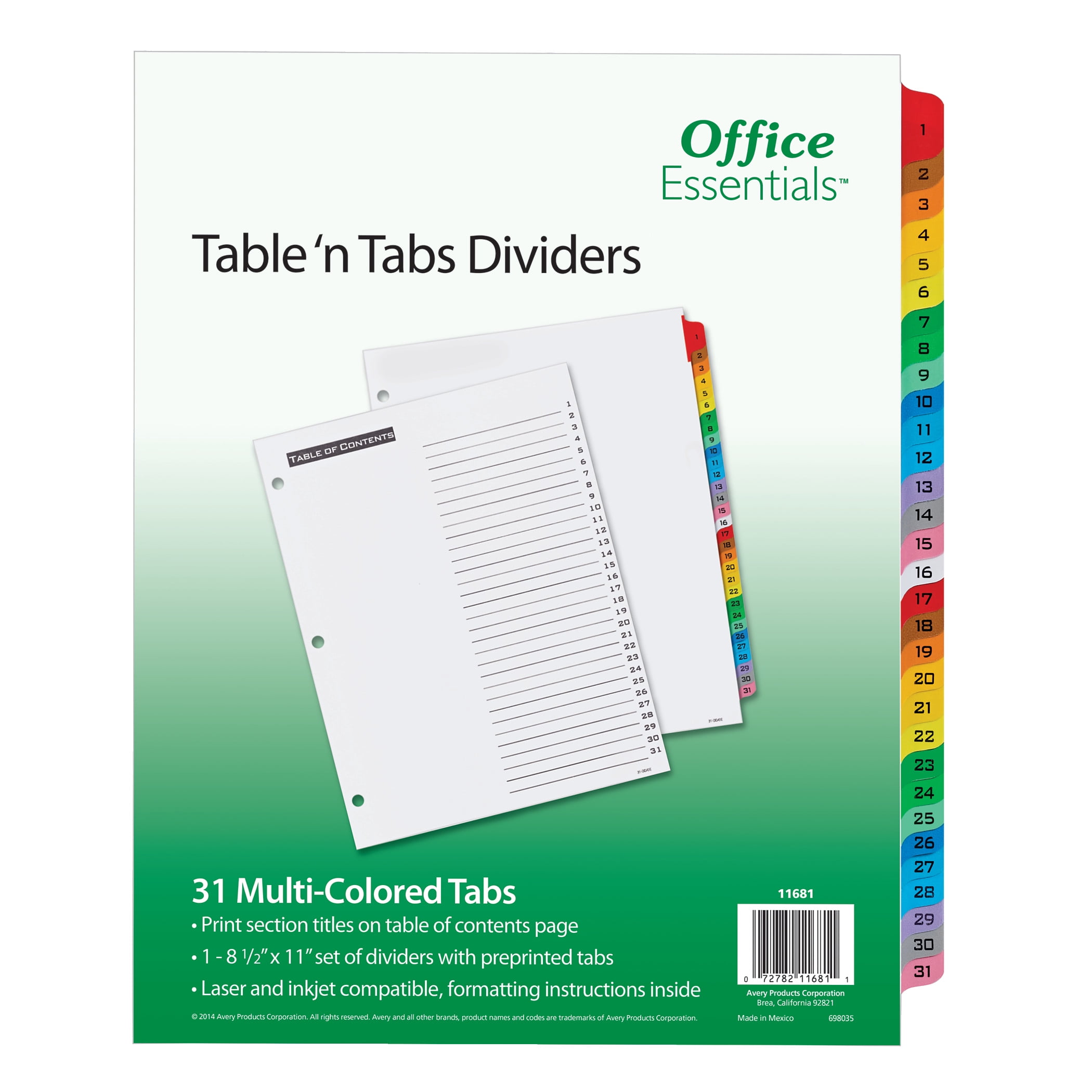 Office Essentials Table & Tabs Dividers, Multicolor Tabs, 1-31 Tab, 1 ...