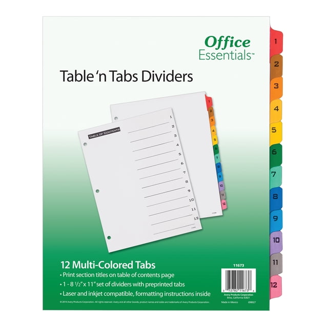 Office Essentials Table & Tabs Dividers with Multicolor Tabs, 1-12 Tab ...