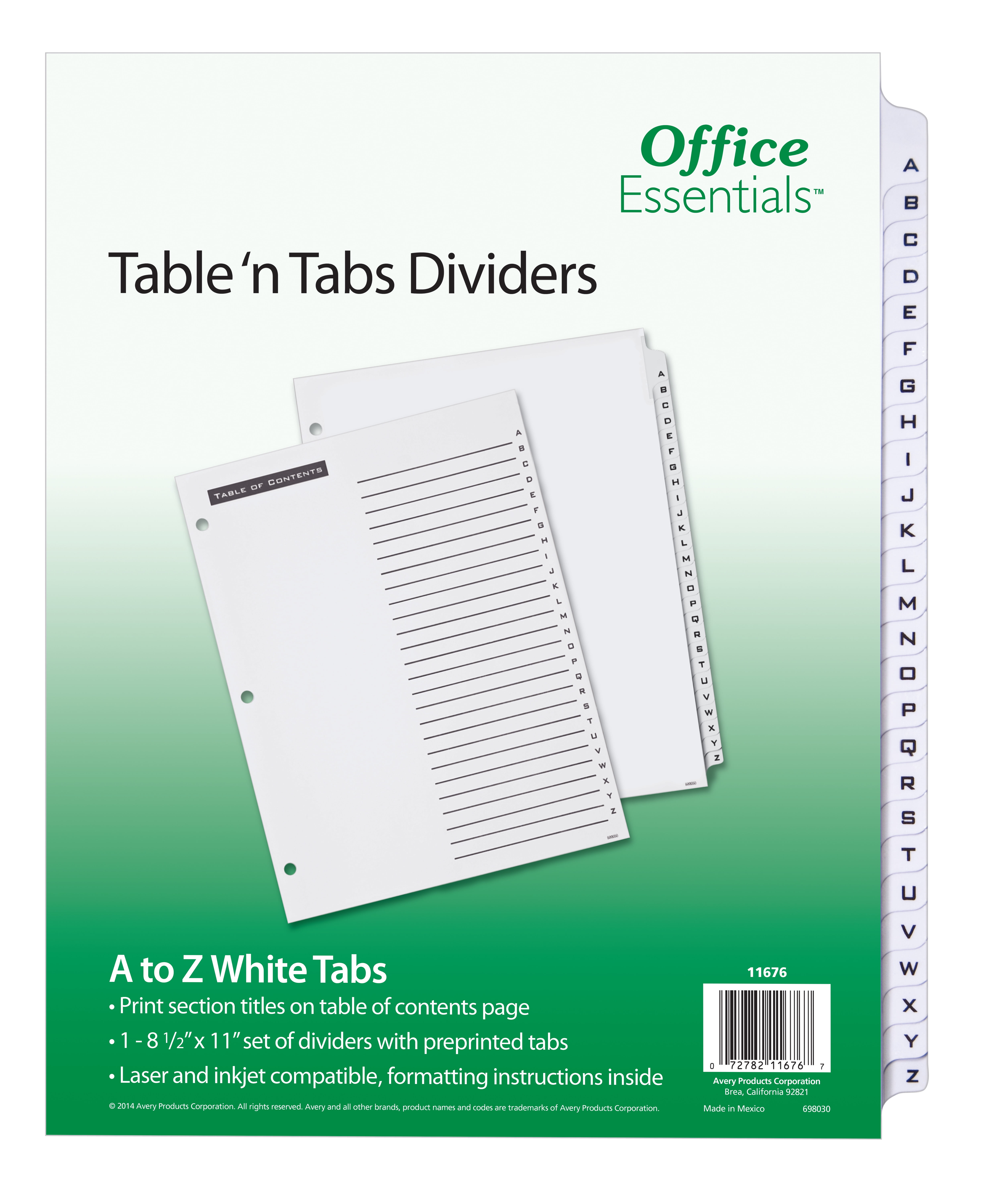 Office Essentials Table & Tabs Dividers with White Tabs, "A-Z" Tab, 1 ...