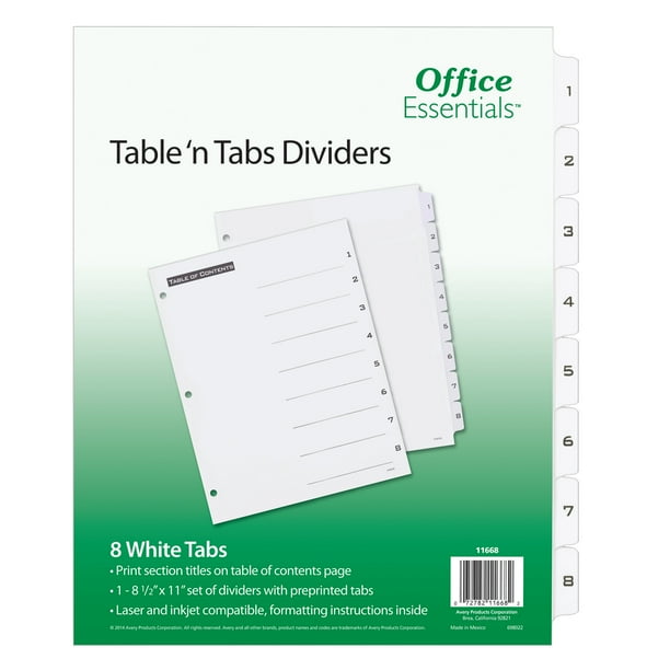 Office Essentials Table 'n Tabs Dividers with White Tabs, 1-8 Tab, 1 ...