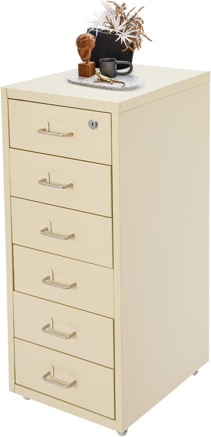 Office File Cabinet w/4 Wheels, 6 Drawer Metal Small Vertical File ...