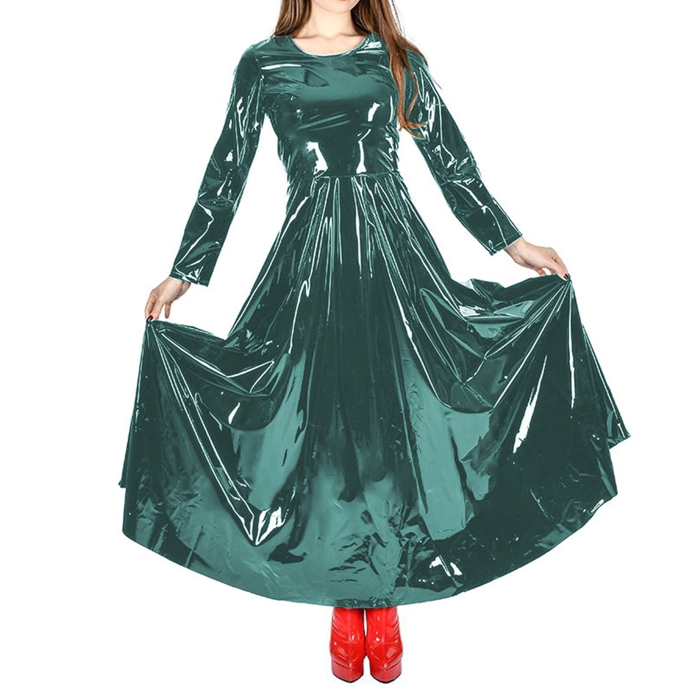 Office Lady Solid Color PVC Shiny Long Dress Womens Clothing Long ...
