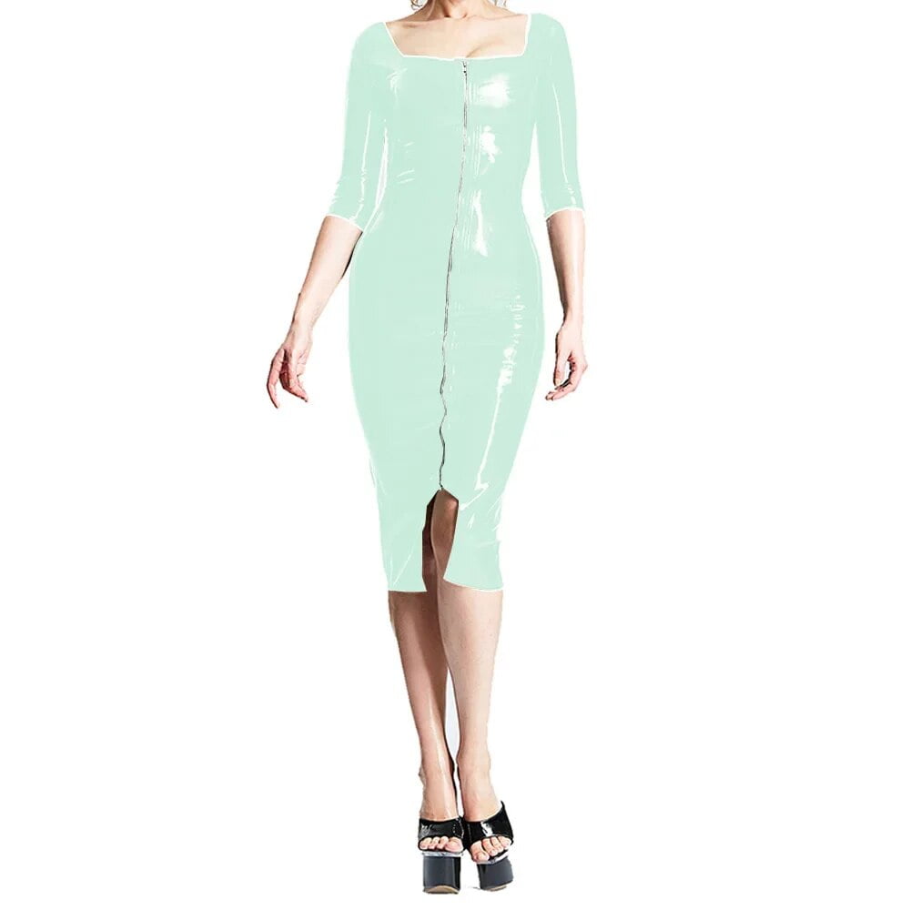 Office Lady Zipper Front Slim PVC Shiny Dress Sexy Square Collar ...