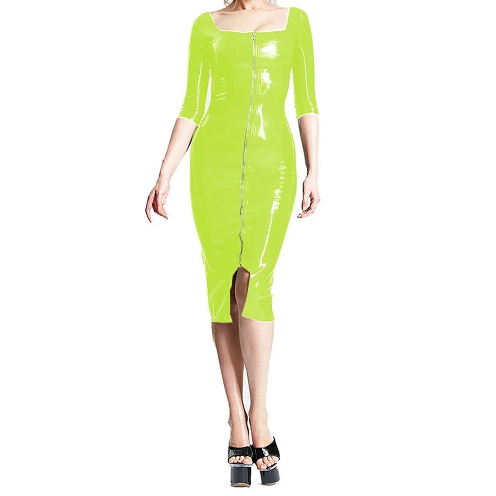 Office Lady Zipper Front Slim PVC Shiny Dress Sexy Square Collar ...