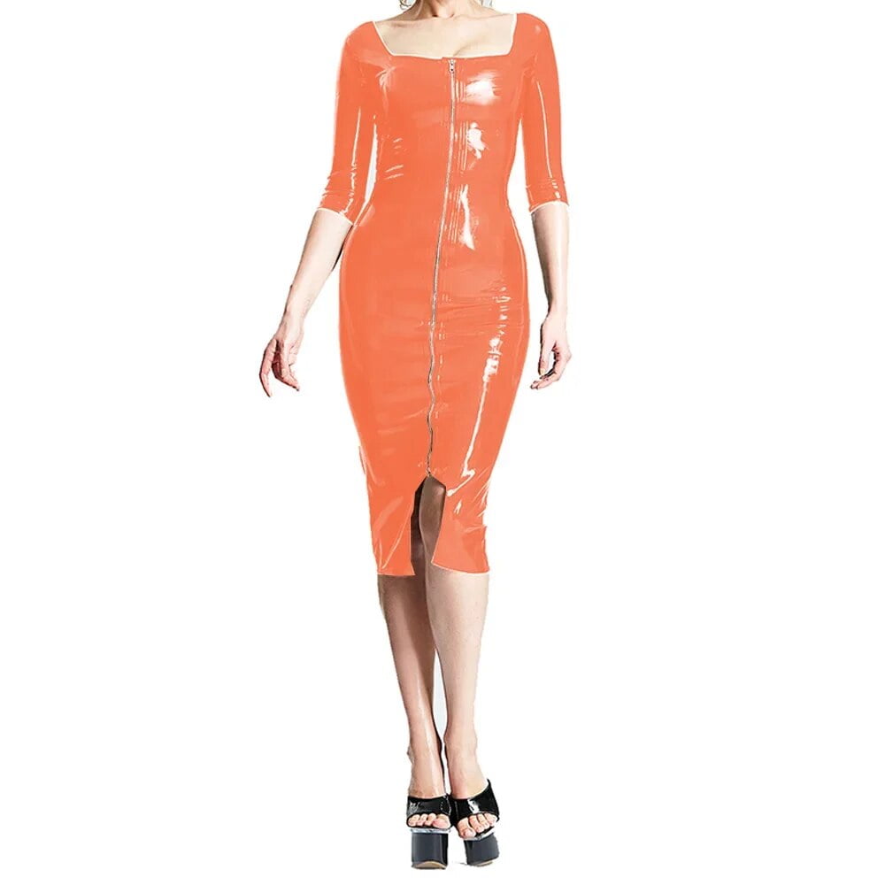Office Lady Zipper Front Slim PVC Shiny Dress Sexy Square Collar ...