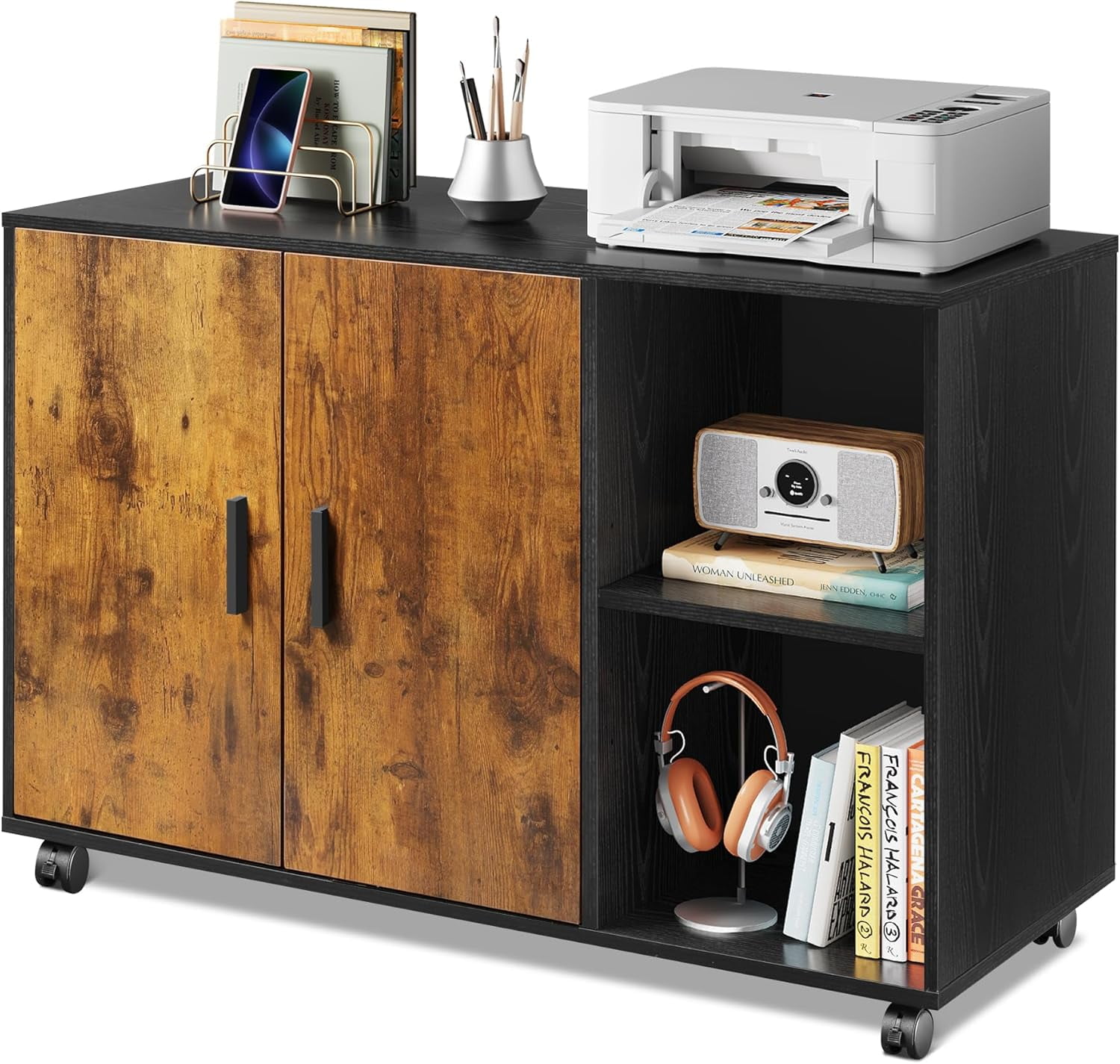 Office Storage Cabinet with Doors and Shelves, Lateral Printer Stand ...