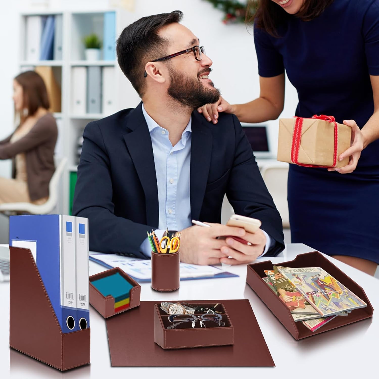 Office Supplies PU Leather 6-Piece Desk Organizer with Writing Pad ...