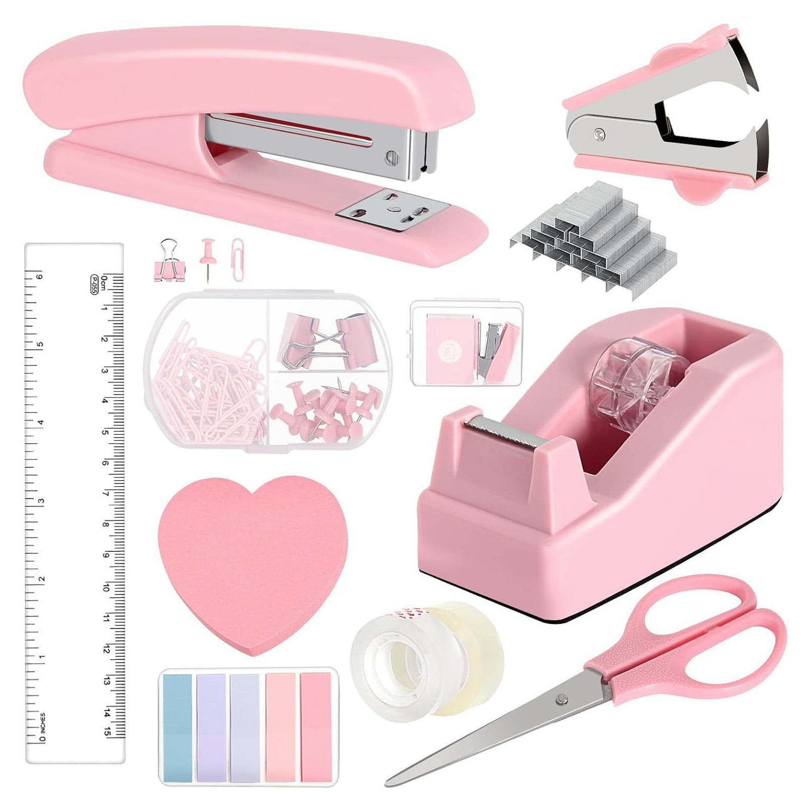 Office Supply Kit,Pink Office Supplies Includes Stapler,Tape Dispenser,Staple Remover,Staples ...