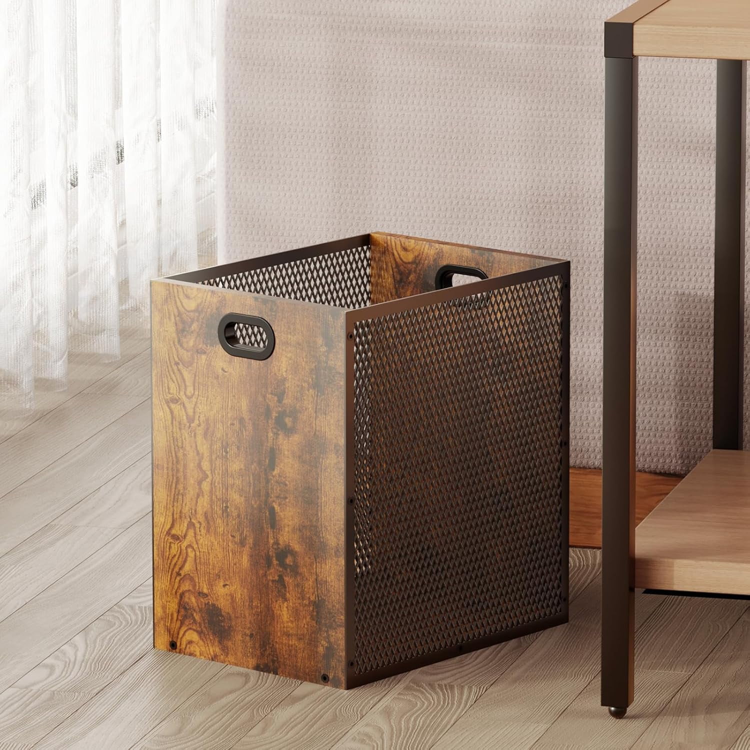Office Trash Can, Rectangular Kitchen Garbage Can, Iron and Wood ...