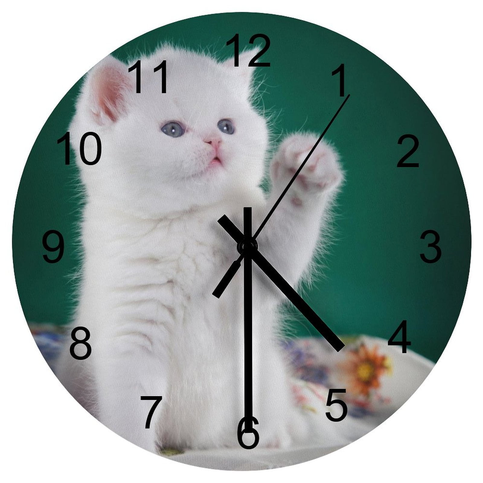 Office Wall Clock Pure white cute kitten Clocks 12 inch Silent Wood ...
