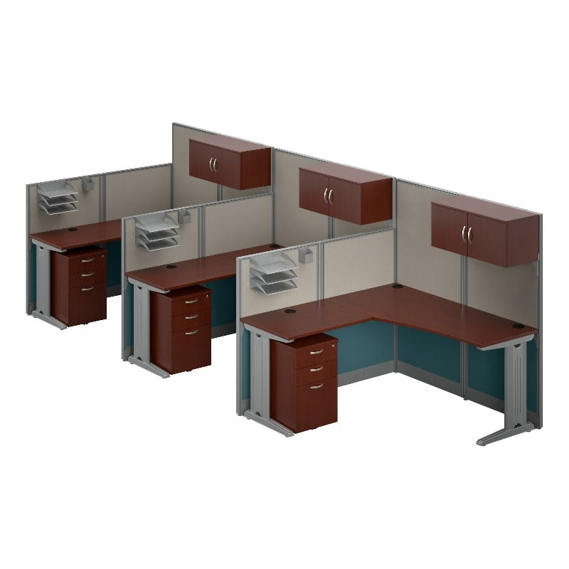 Office in an Hour 3 Person L Cubicle Desk Set in Hansen Cherry ...