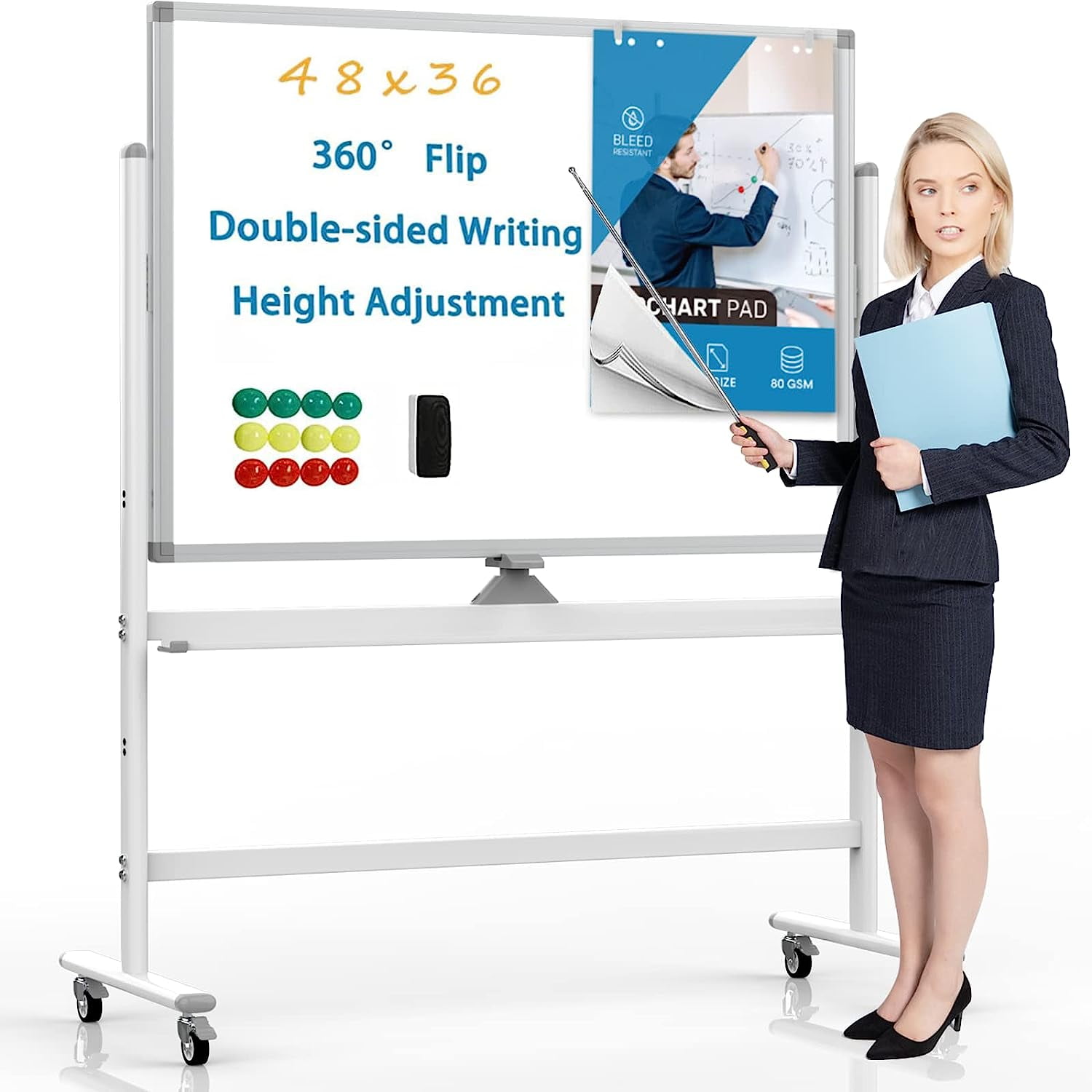 "Office4U 48""x36"" Mobile Whiteboard with Stand & Wheels, Height ...