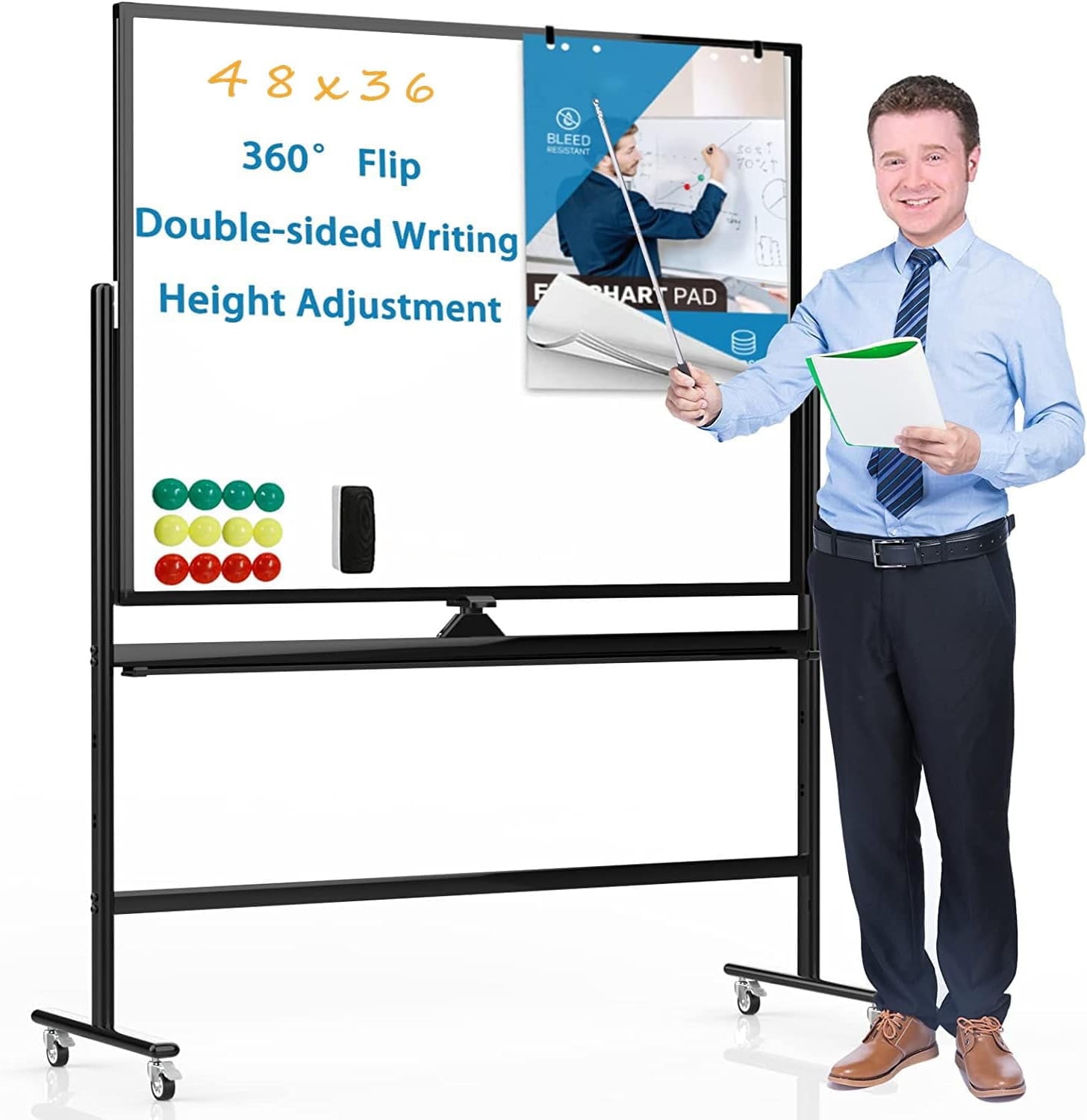 Office4U 48"x36" Mobile Magnetic Dry Erase Board, Adjustable Height ...
