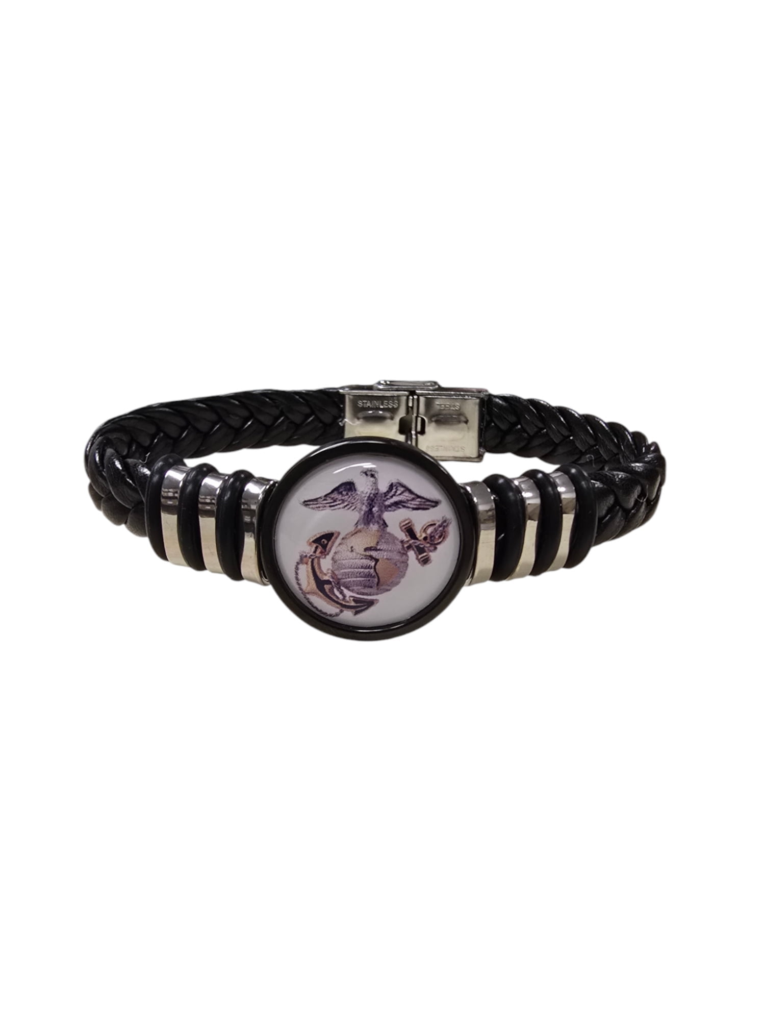 Officially Licensed Marine Corps Black Braided Leather Bracelet with ...