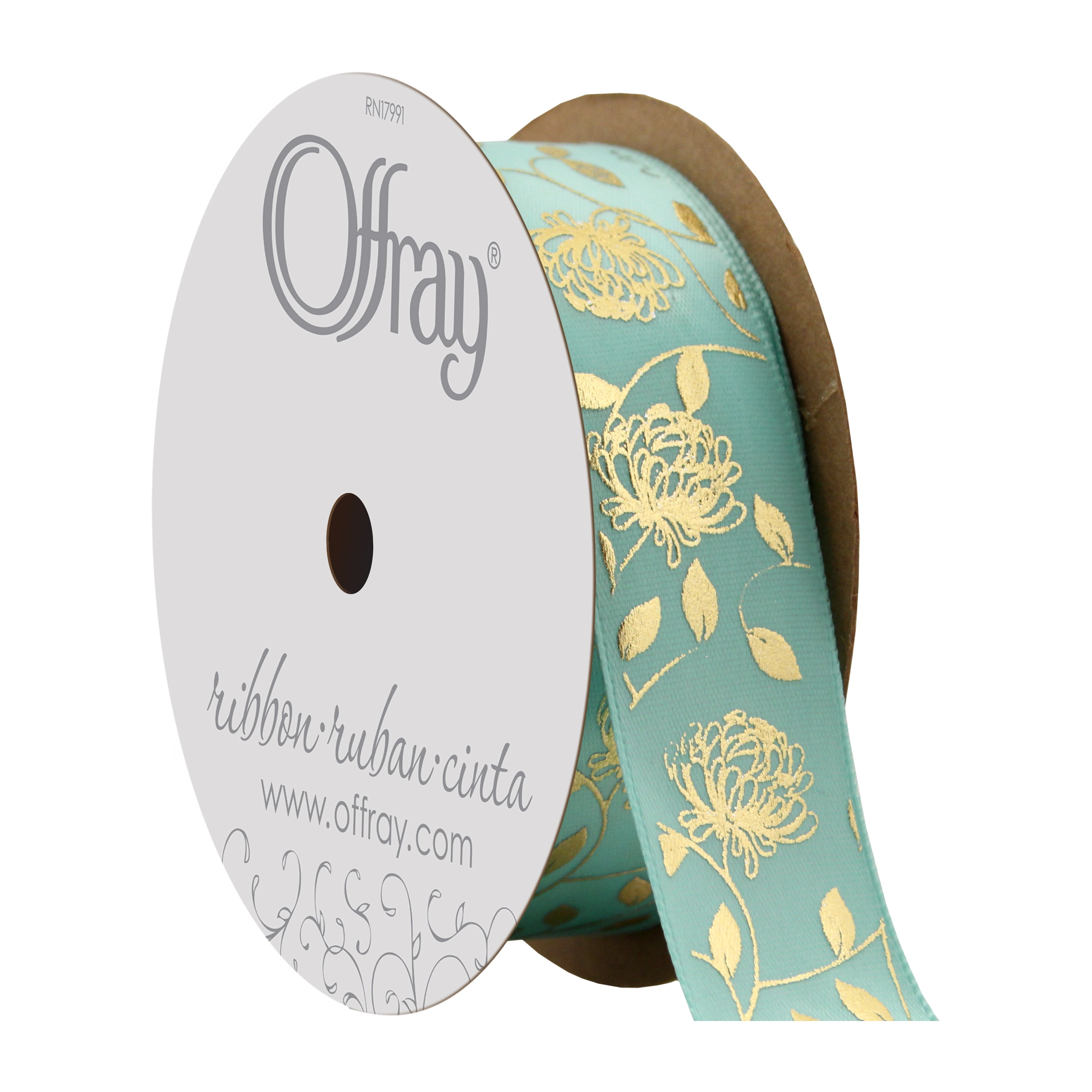 Offray Ribbon, Aqua and Gold 7/8 inch Rose Ribbon, 9 feet - Walmart.com