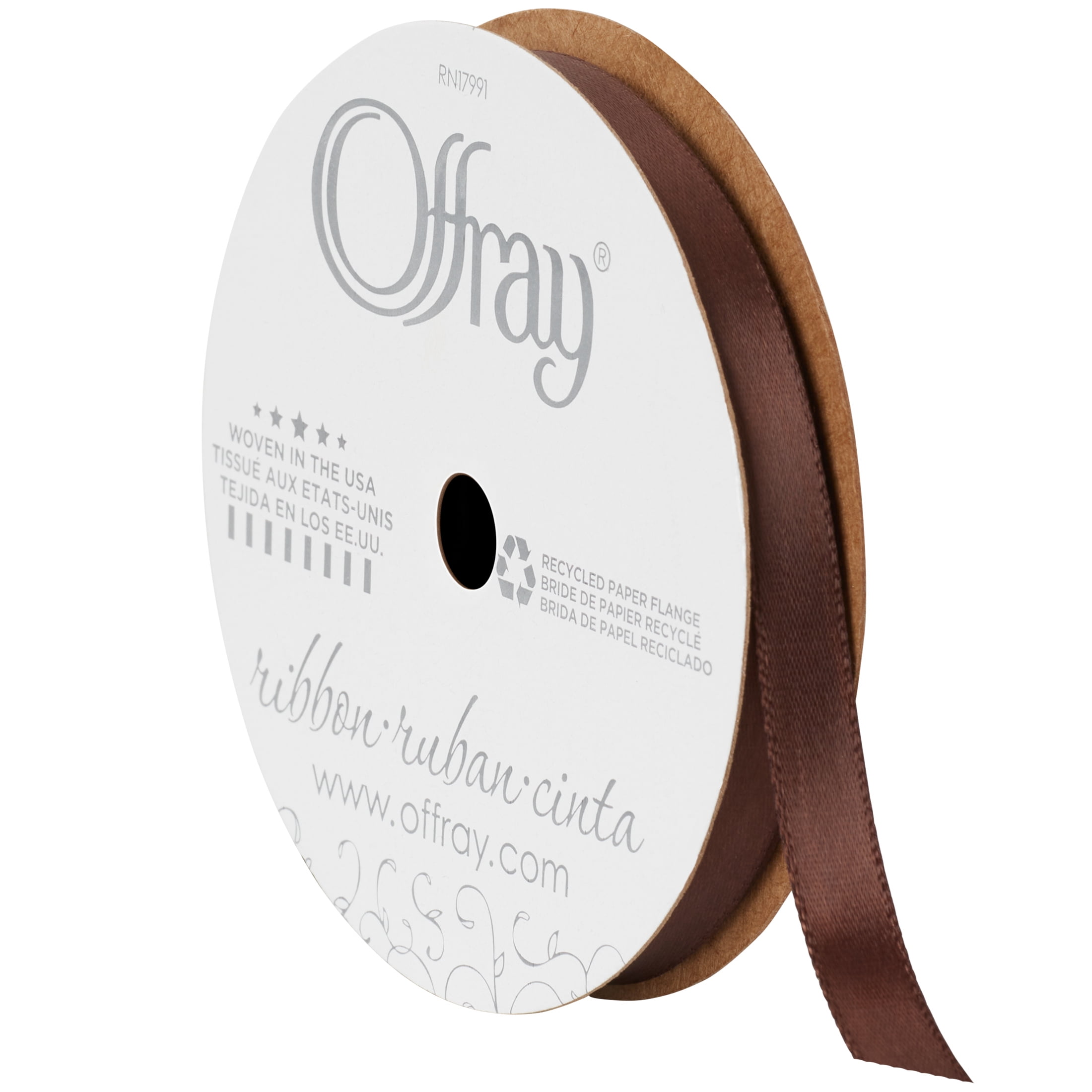 Offray Satin Ribbon Brown Polyester, 3/8 inch x 18 ft, Single Face, 6 ...