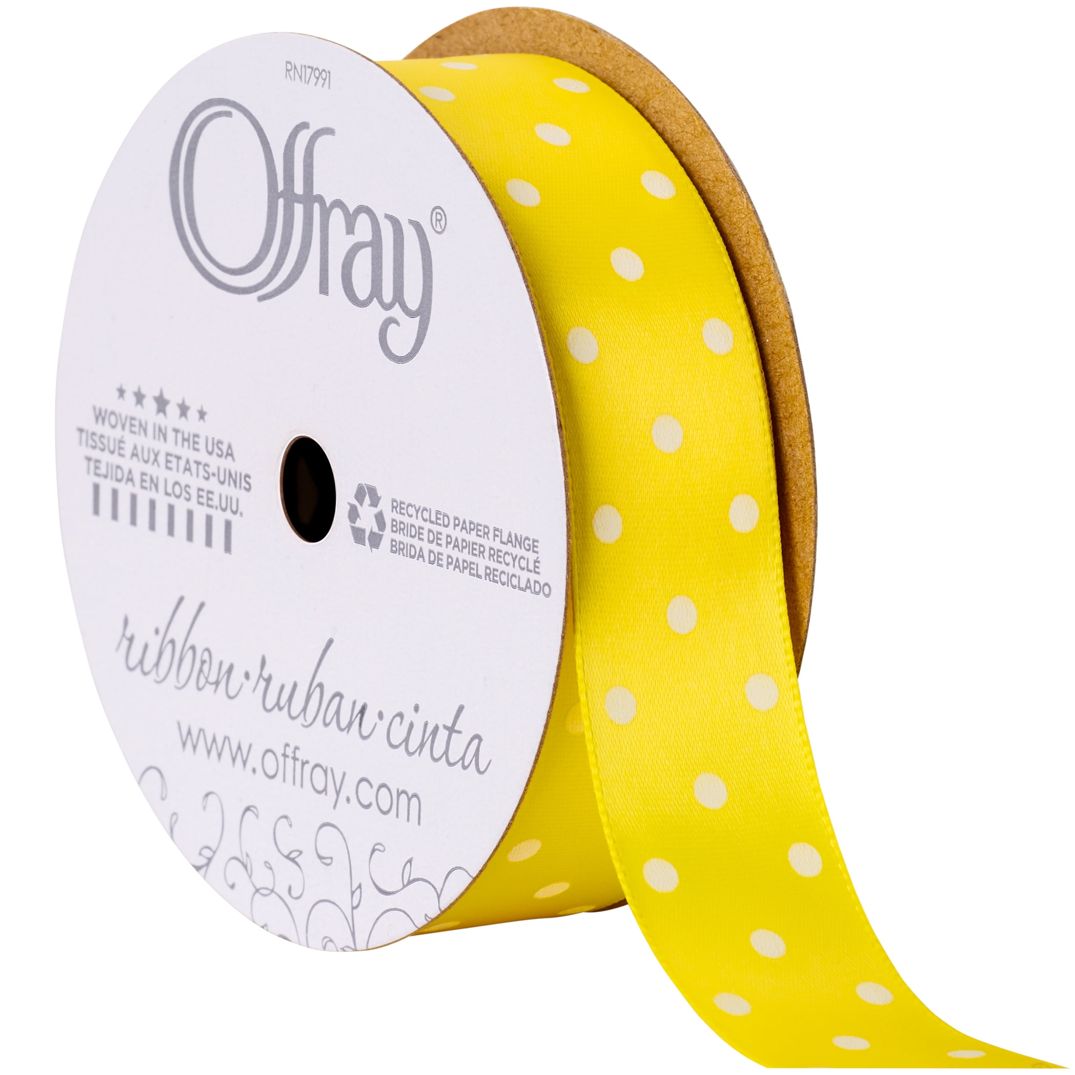 Offray Ribbon, Lemon Yellow With White Dot 7/8 inch Single Face Satin ...