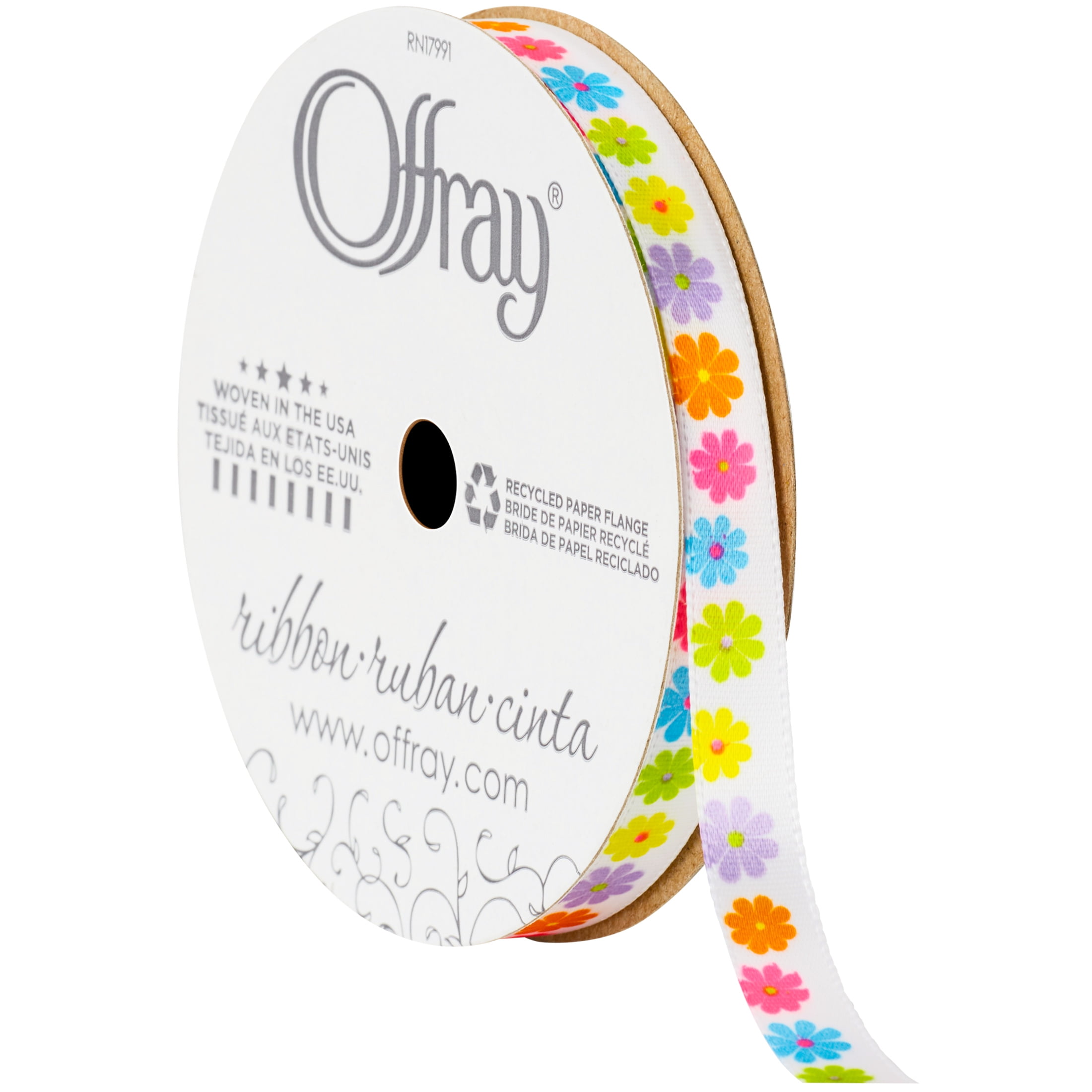 Offray Ribbon, White 3/8 inch Bright Flowers Satin Ribbon, 9 feet ...